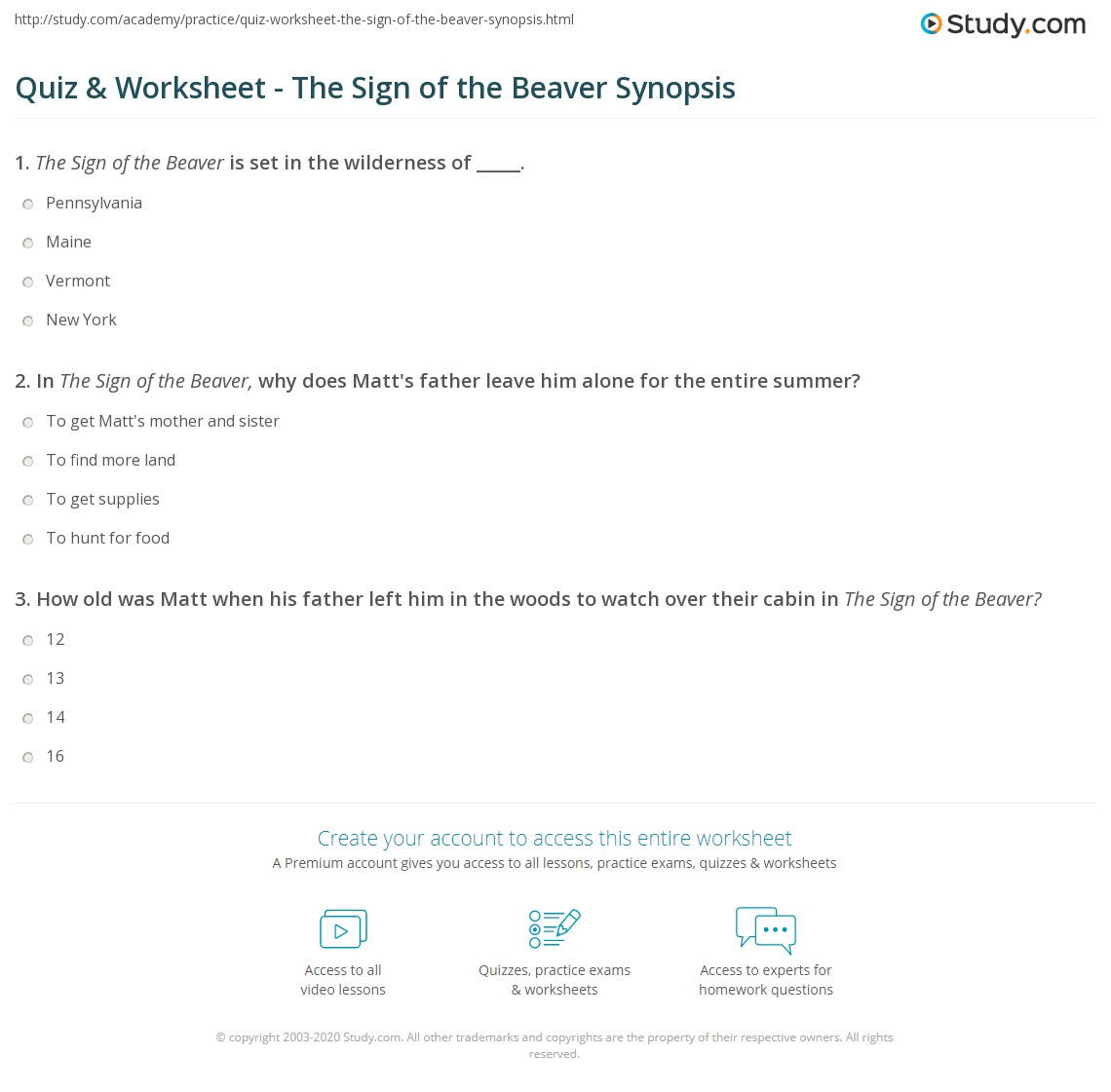 Quiz & Worksheet - The Sign of the Beaver Synopsis | Study.com