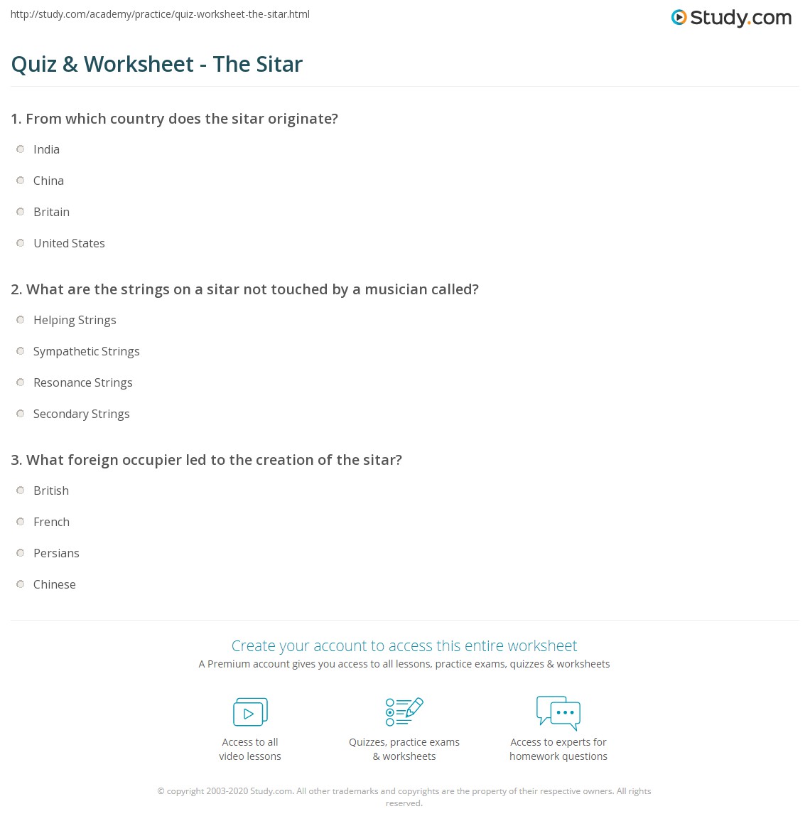 Quiz & Worksheet - The Sitar | Study.com