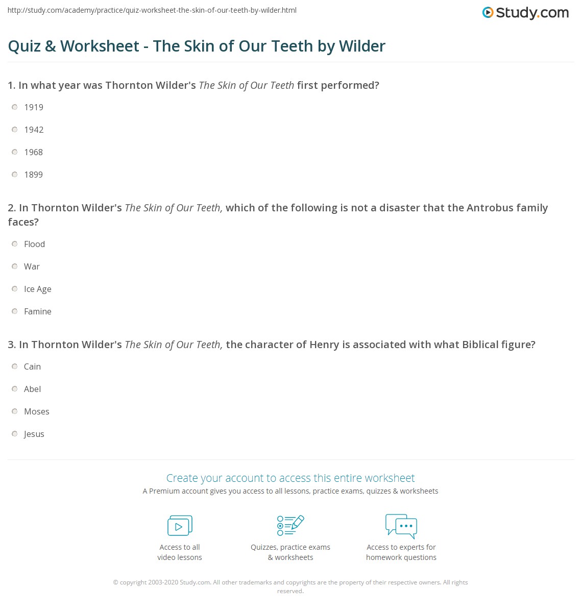 Quiz & Worksheet - The Skin of Our Teeth by Wilder | Study.com
