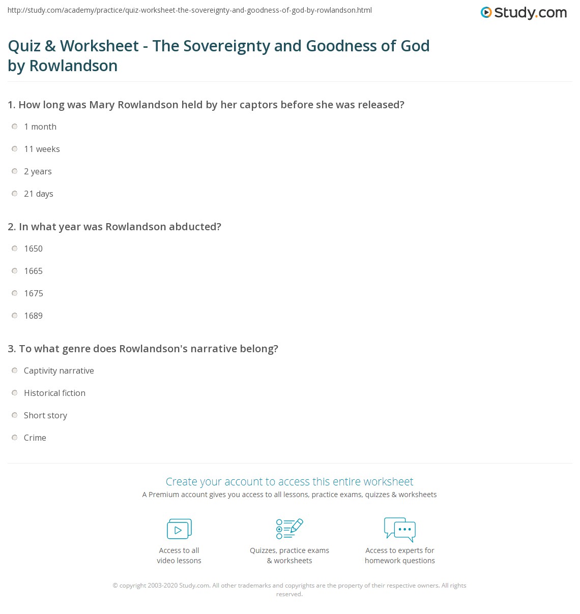 Quiz & Worksheet - The Sovereignty and Goodness of God by Rowlandson ...