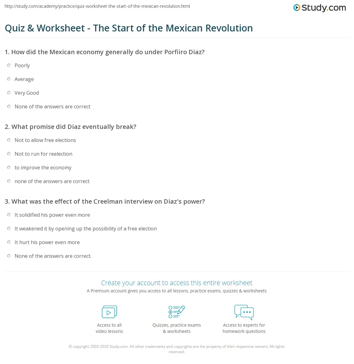 Quiz & Worksheet - The Start of the Mexican Revolution | Study.com