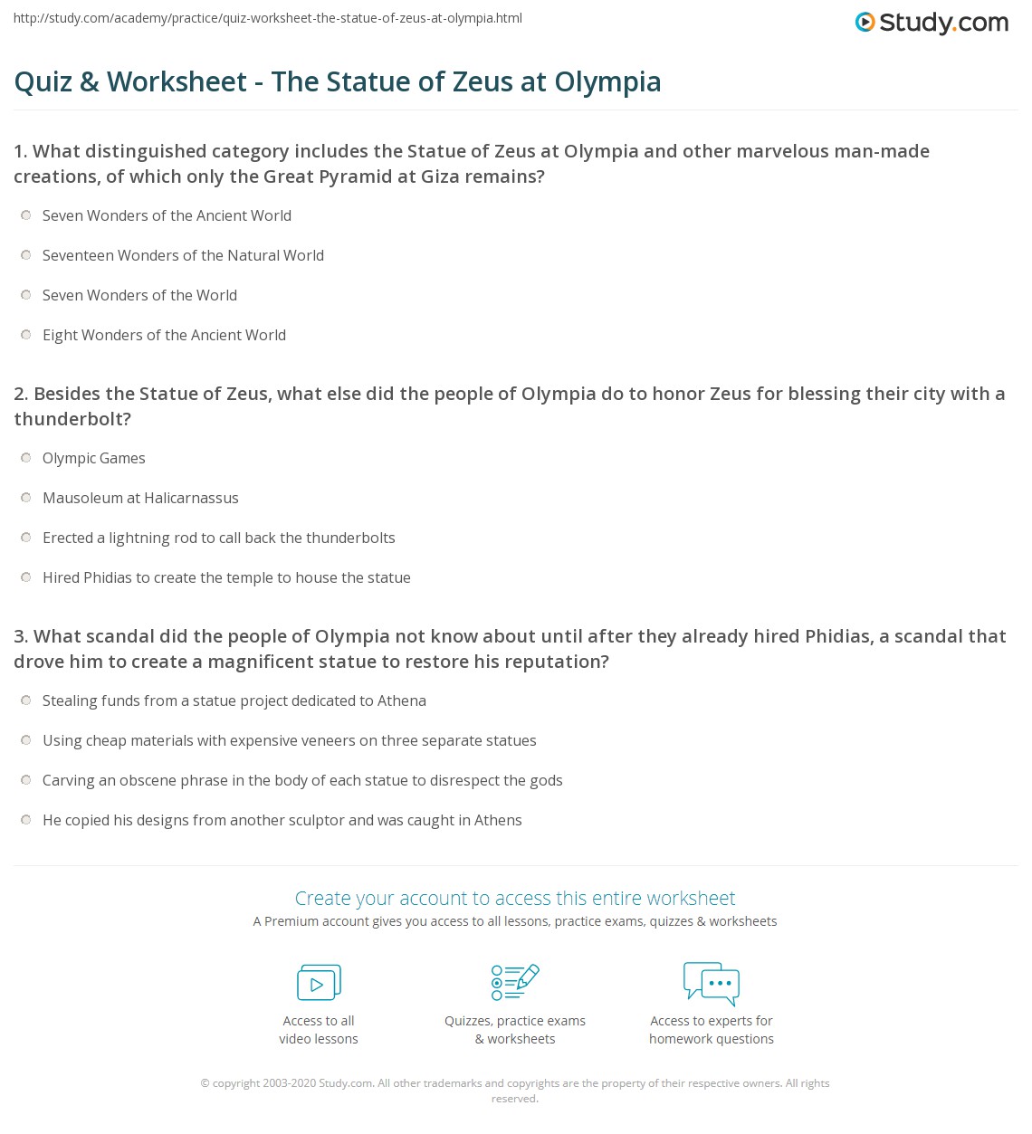 Quiz & Worksheet - The Statue of Zeus at Olympia | Study.com