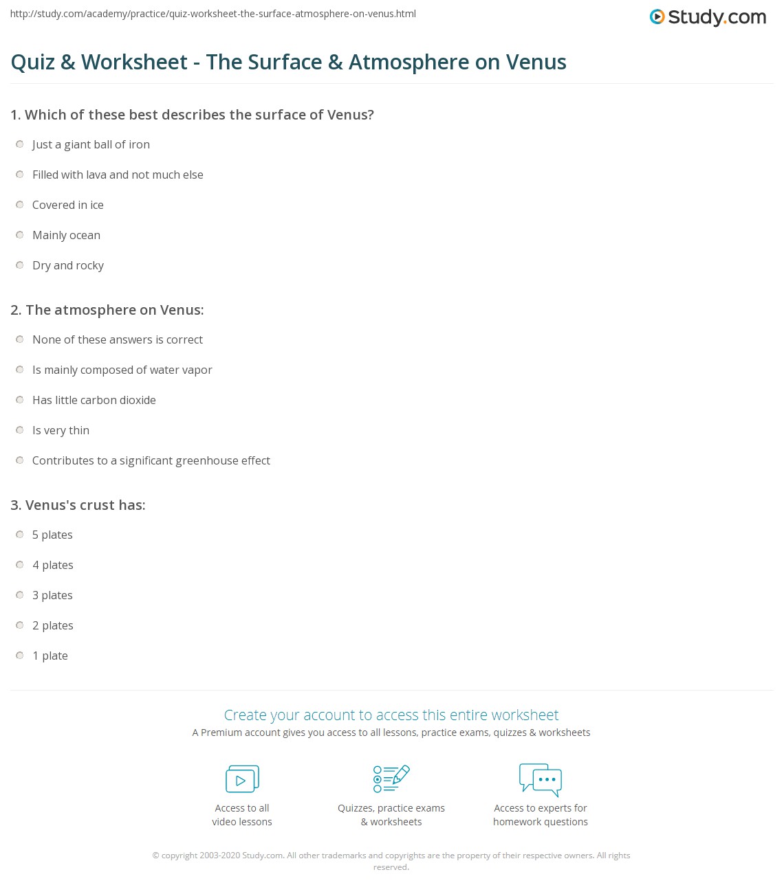 Quiz & Worksheet - The Surface & Atmosphere on Venus | Study.com