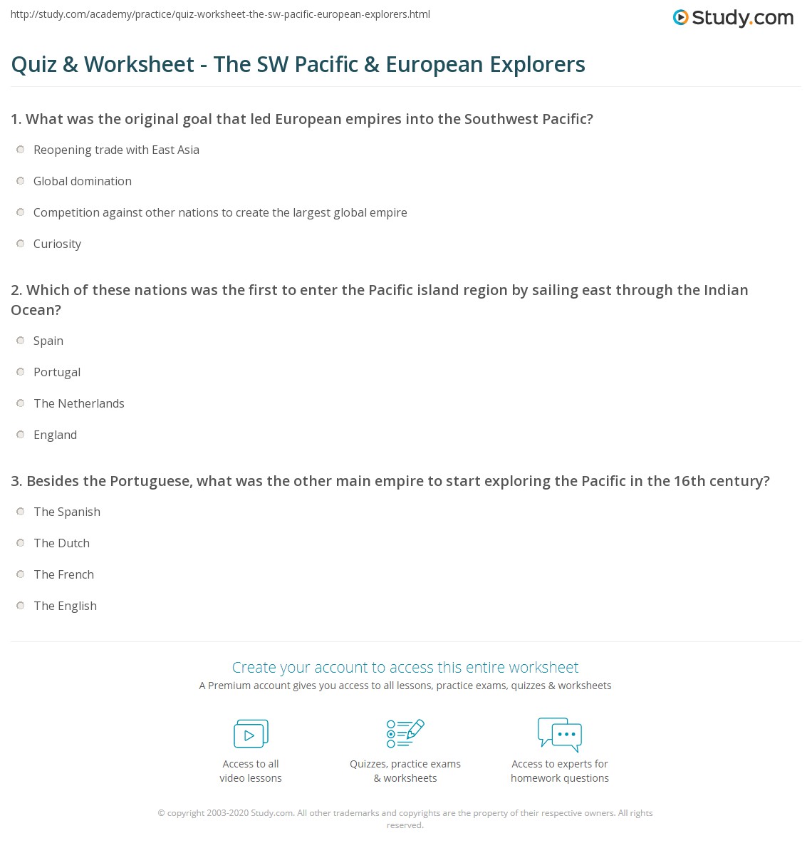 Quiz & Worksheet - The SW Pacific & European Explorers | Study.com