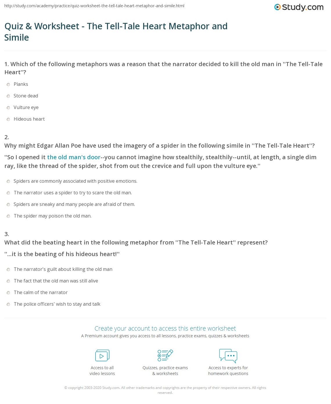 Quiz Worksheet The Tell Tale Heart Metaphor And Simile Study Quiz Worksheet The Tell Tale Heart Metaphor And Simile Study