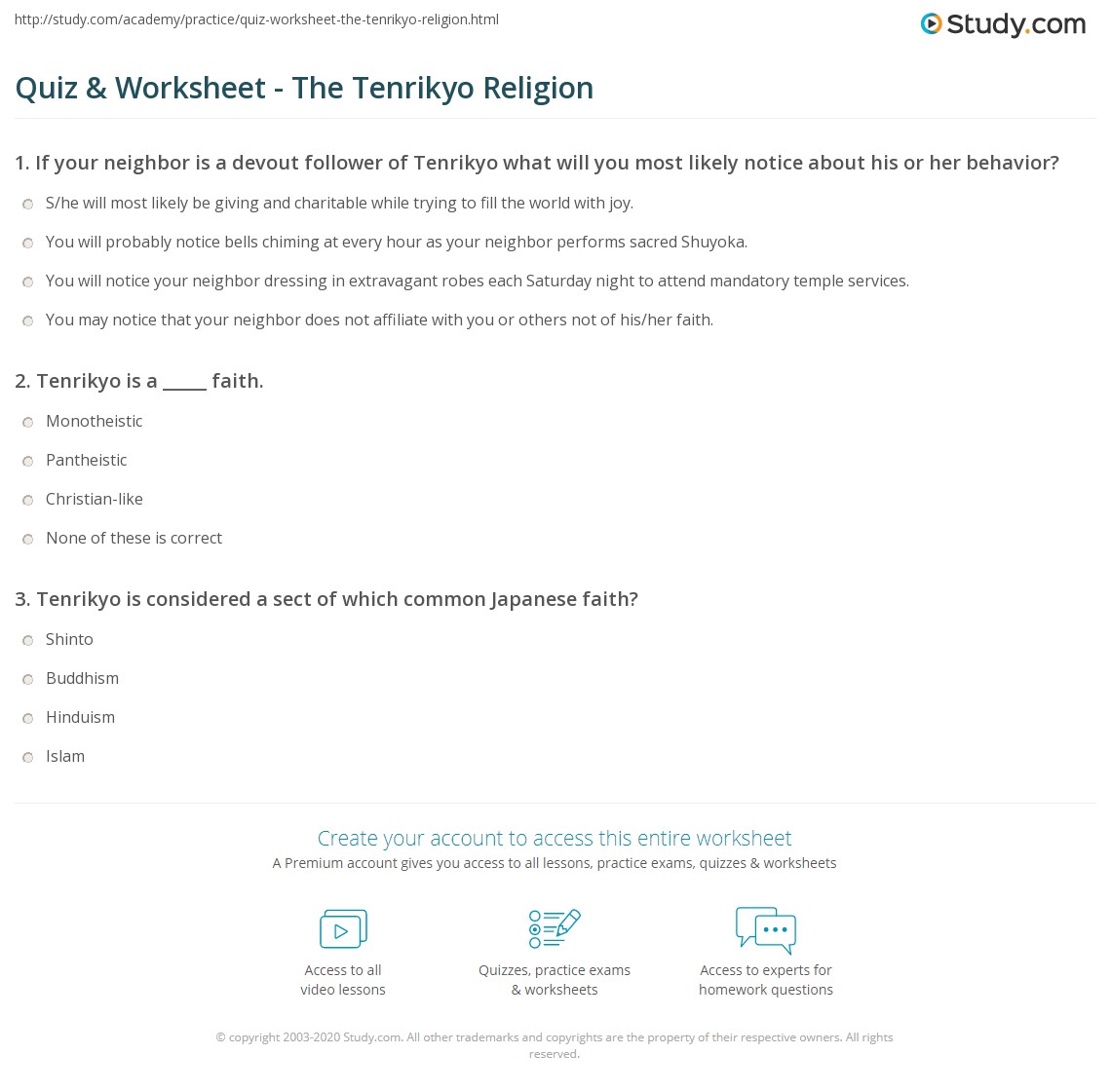 Quiz & Worksheet - The Tenrikyo Religion | Study.com