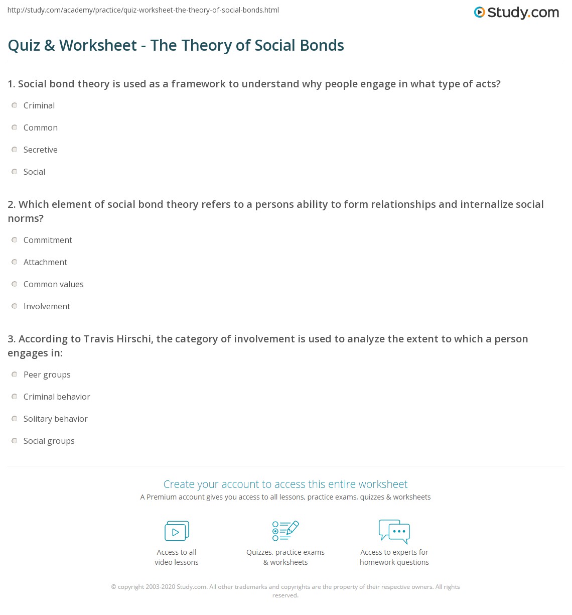 Quiz & Worksheet - The Theory of Social Bonds | Study.com