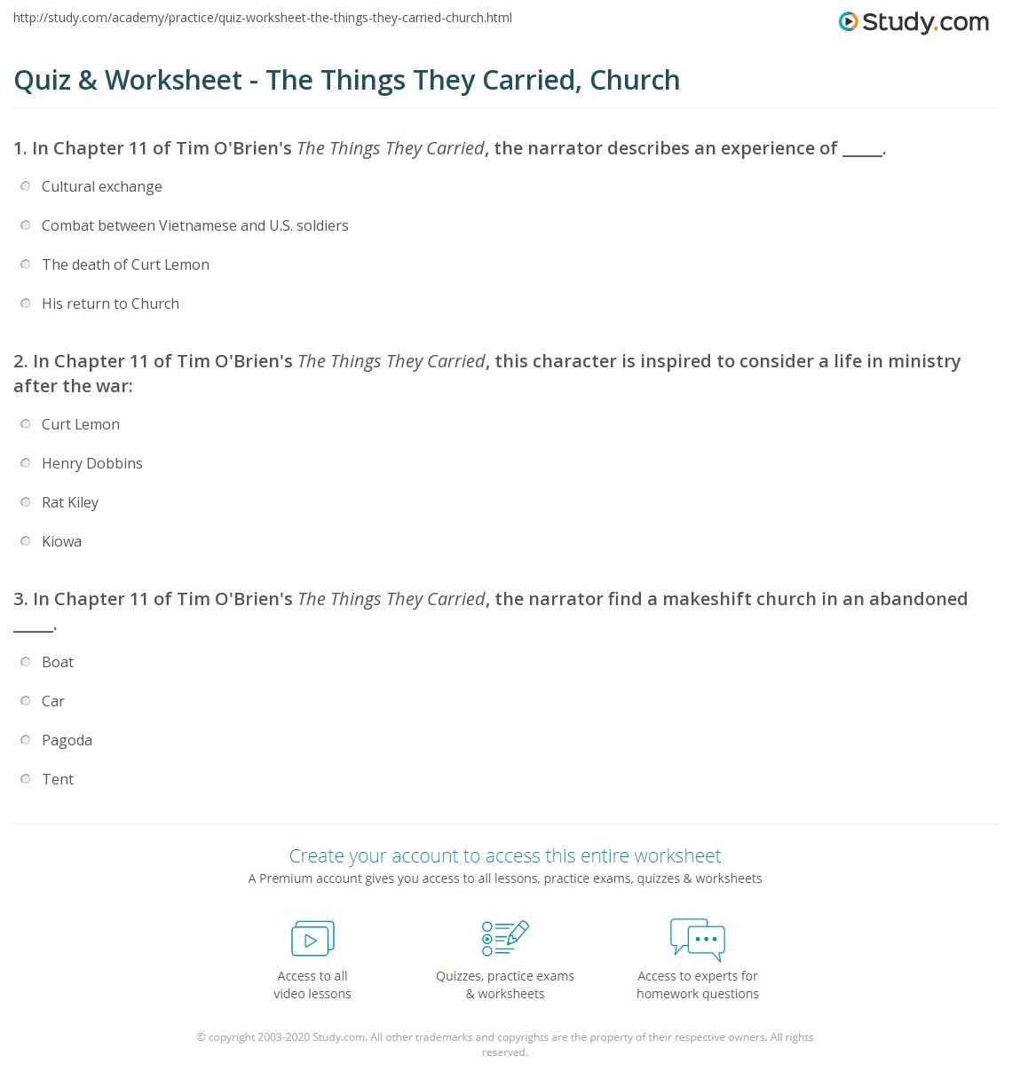 Quiz & Worksheet - The Things They Carried, Church | Study.com