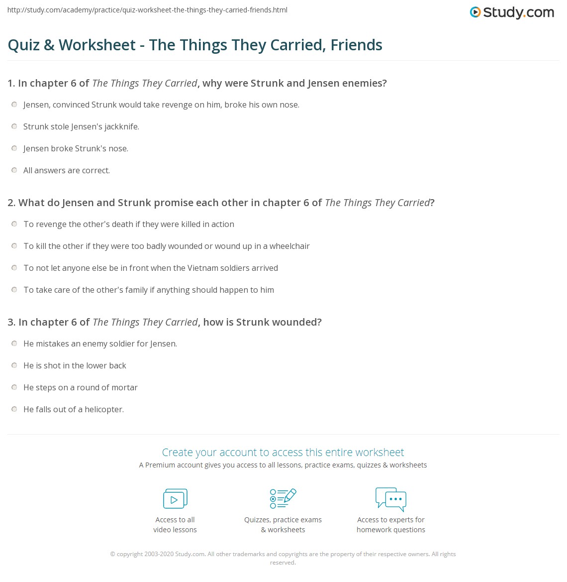 Quiz & Worksheet - The Things They Carried, Friends | Study.com