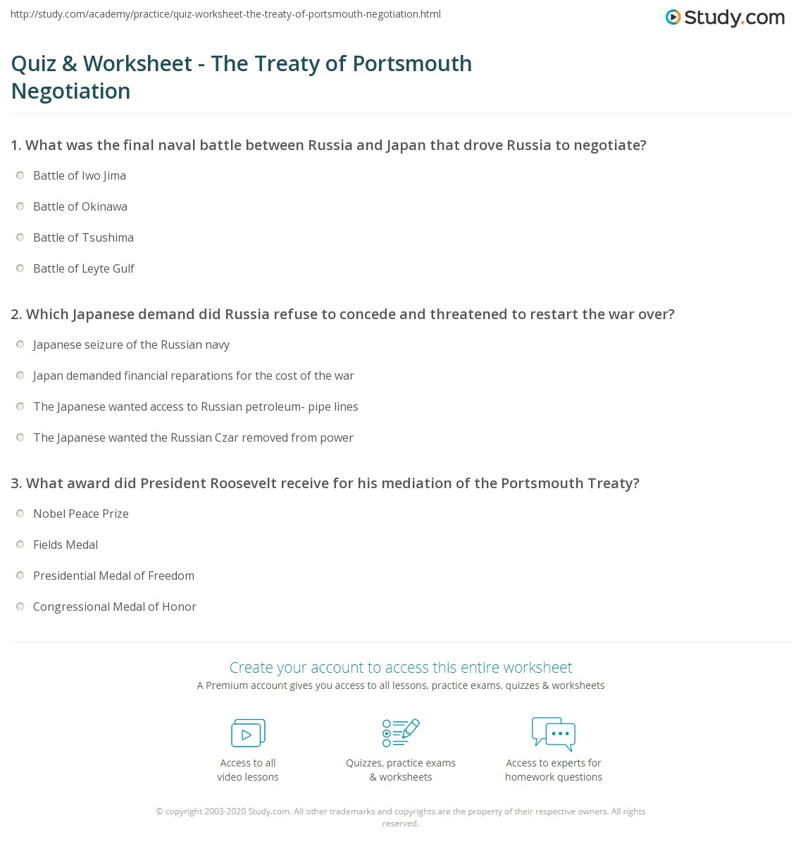 Quiz & Worksheet - The Treaty of Portsmouth Negotiation | Study.com