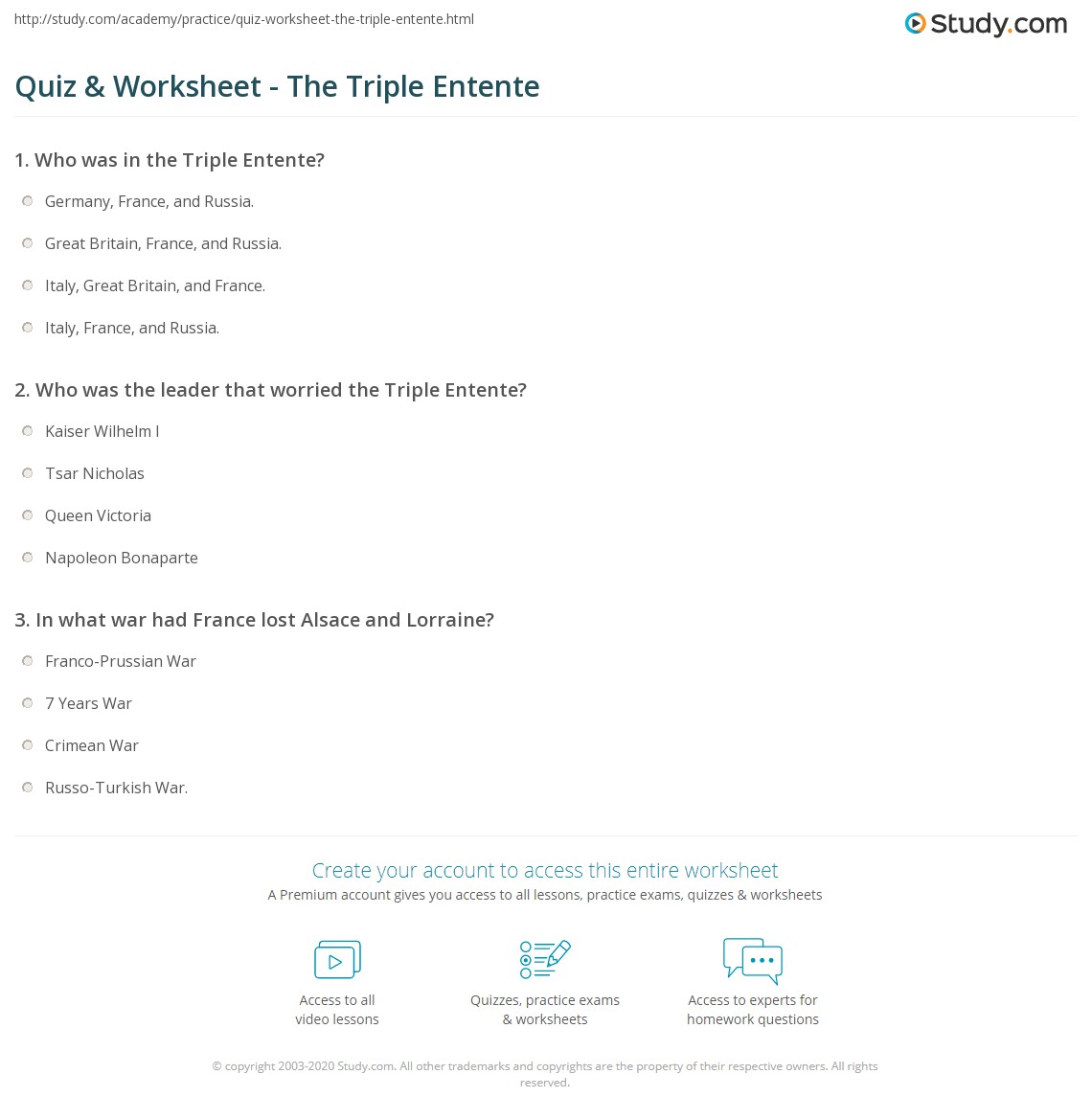 Quiz & Worksheet - The Triple Entente | Study.com