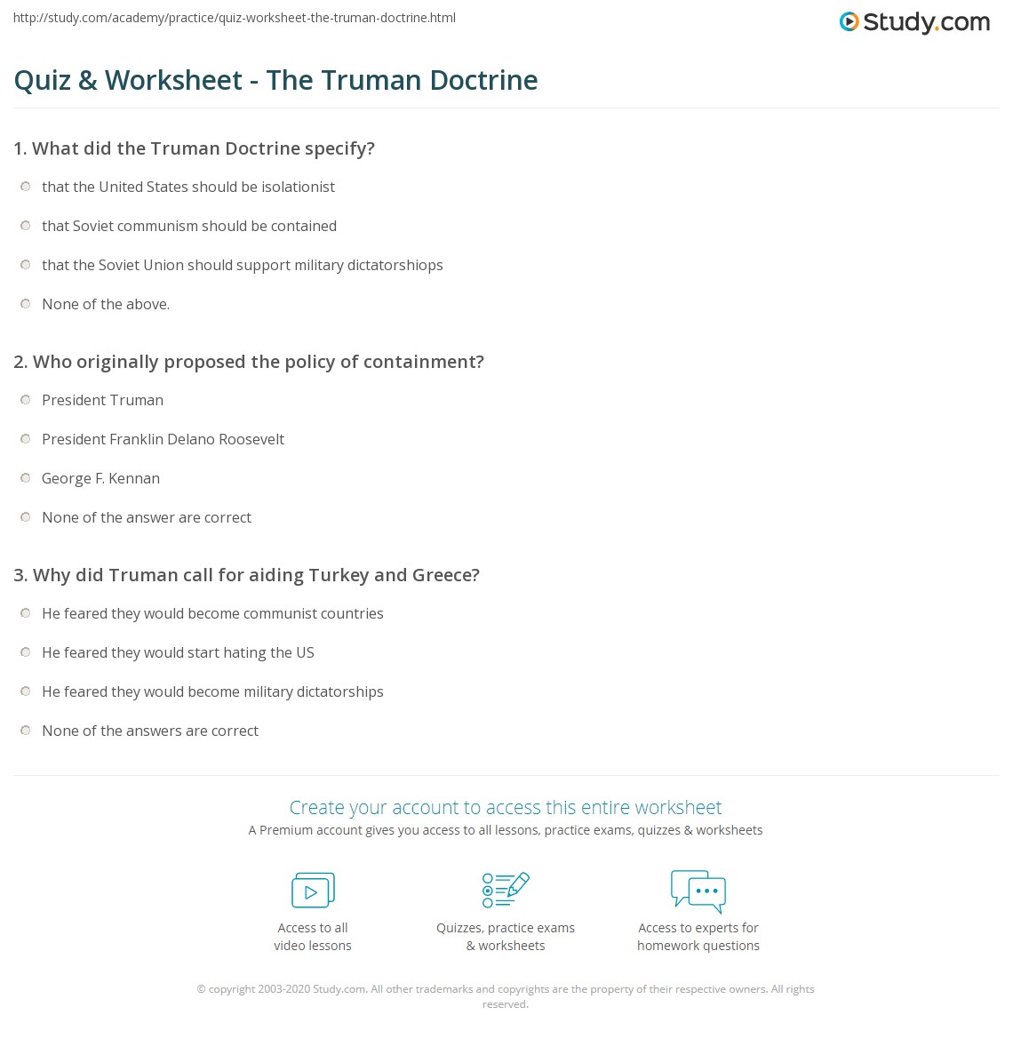 Quiz Worksheet The Truman Doctrine Study Quiz Worksheet The Truman Doctrine Study