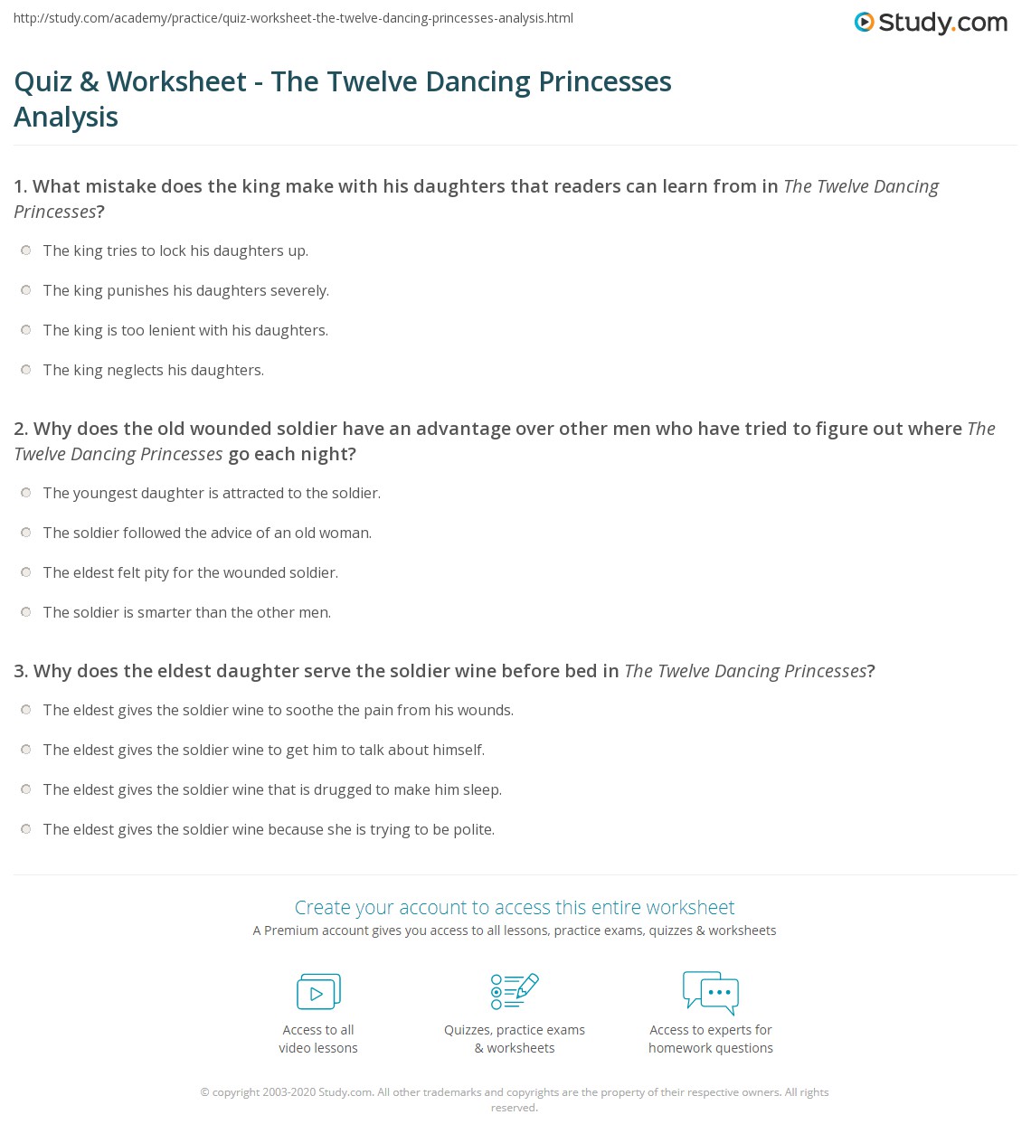 Quiz & Worksheet - The Twelve Dancing Princesses Analysis | Study.com