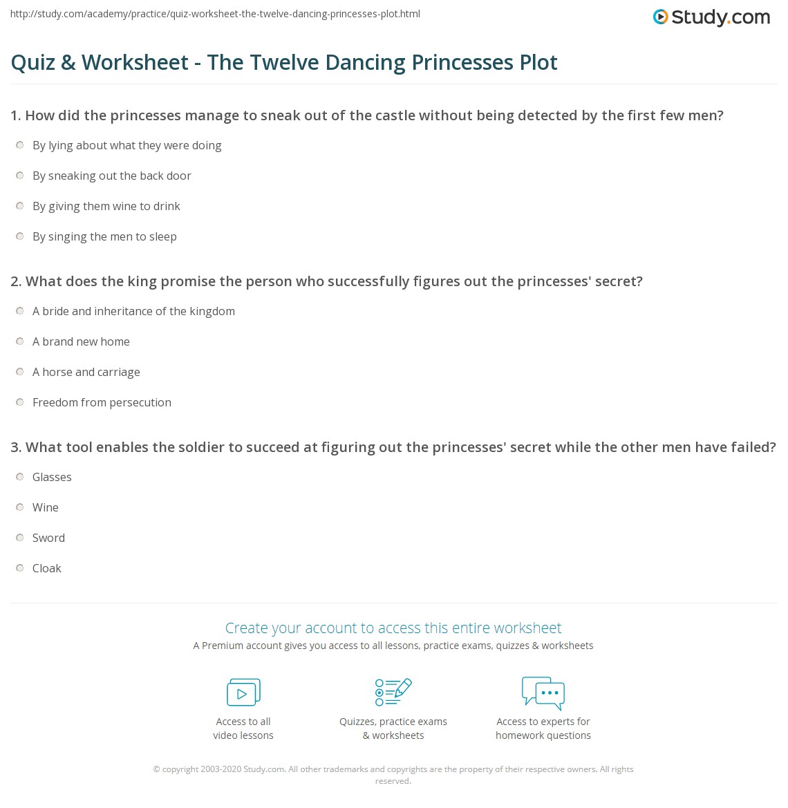 Quiz & Worksheet - The Twelve Dancing Princesses Plot | Study.com