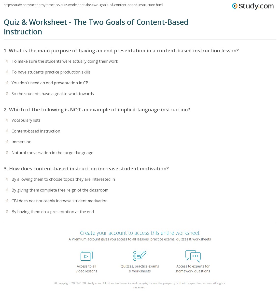 Quiz & Worksheet - The Two Goals of Content-Based Instruction | Study.com