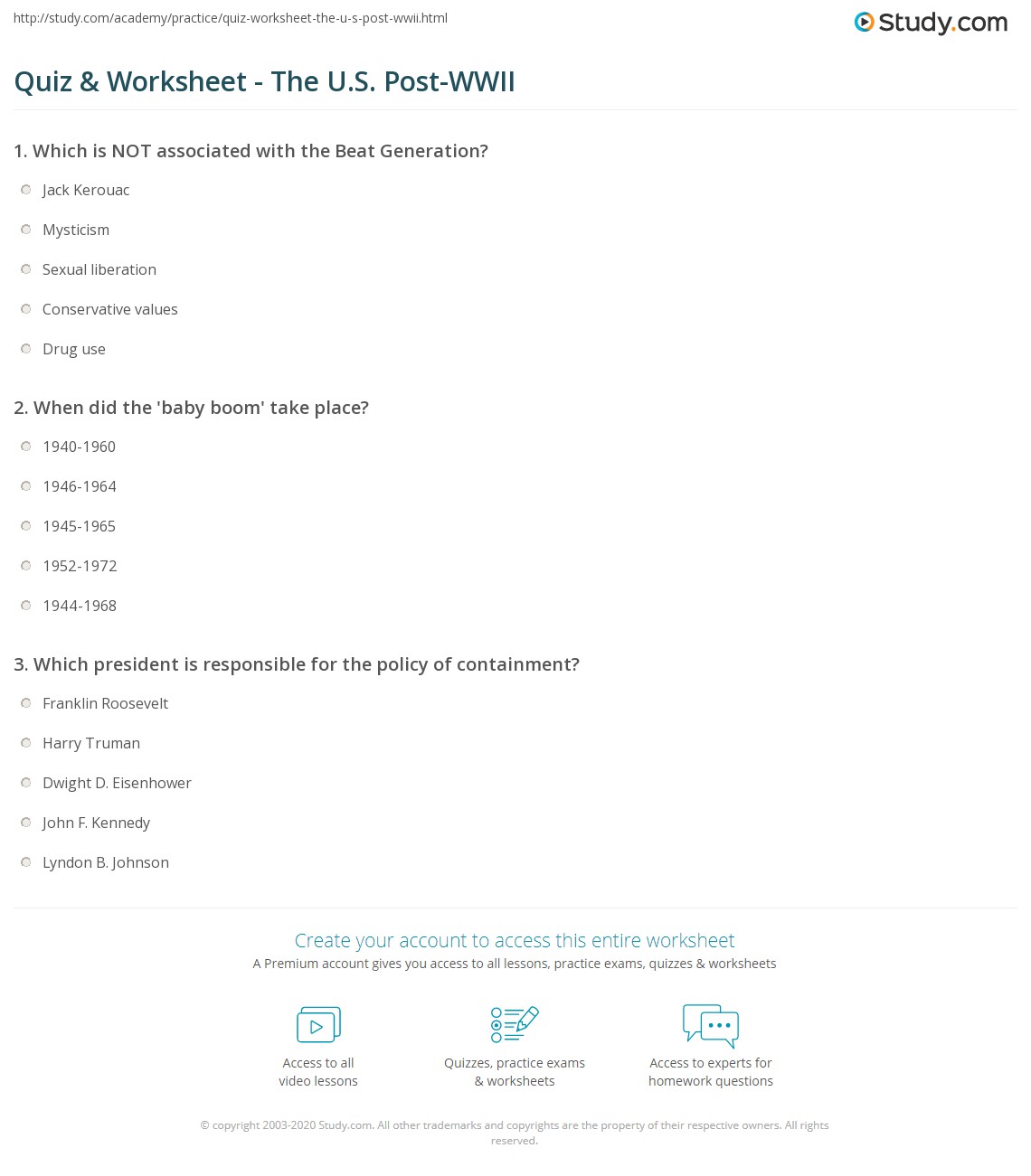 Quiz & Worksheet - The U.S. Post-WWII | Study.com