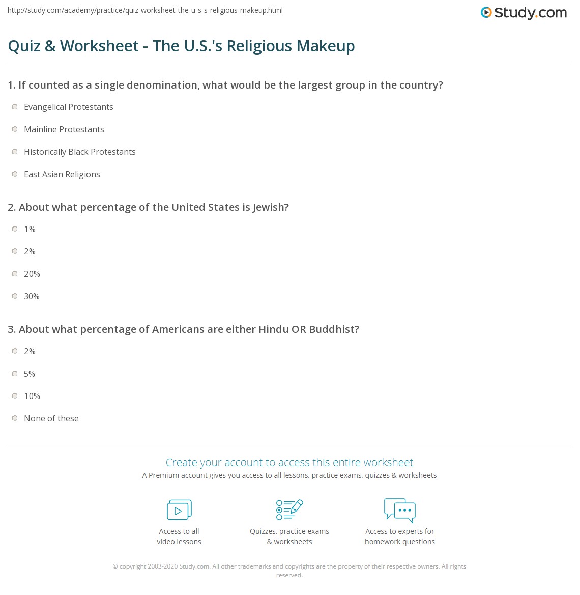 Quiz & Worksheet - The U.S.'s Religious Makeup | Study.com