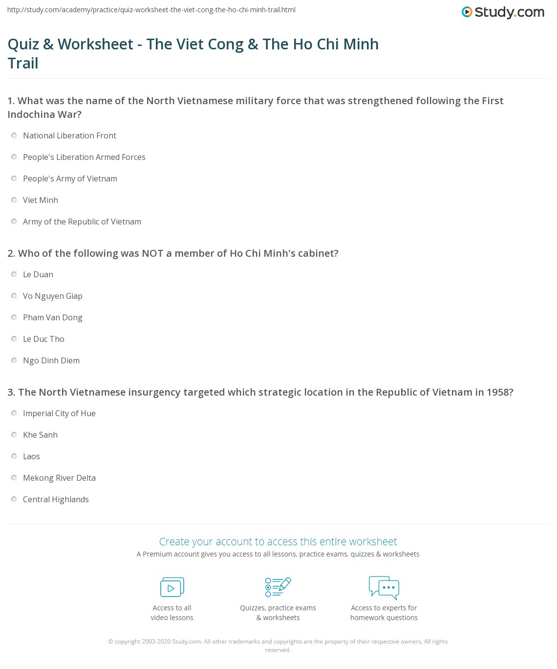 Quiz & Worksheet - The Viet Cong & The Ho Chi Minh Trail | Study.com