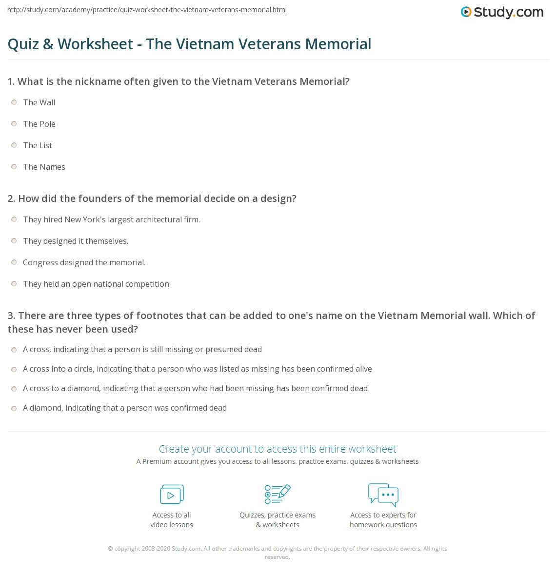 Quiz & Worksheet - The Vietnam Veterans Memorial | Study.com