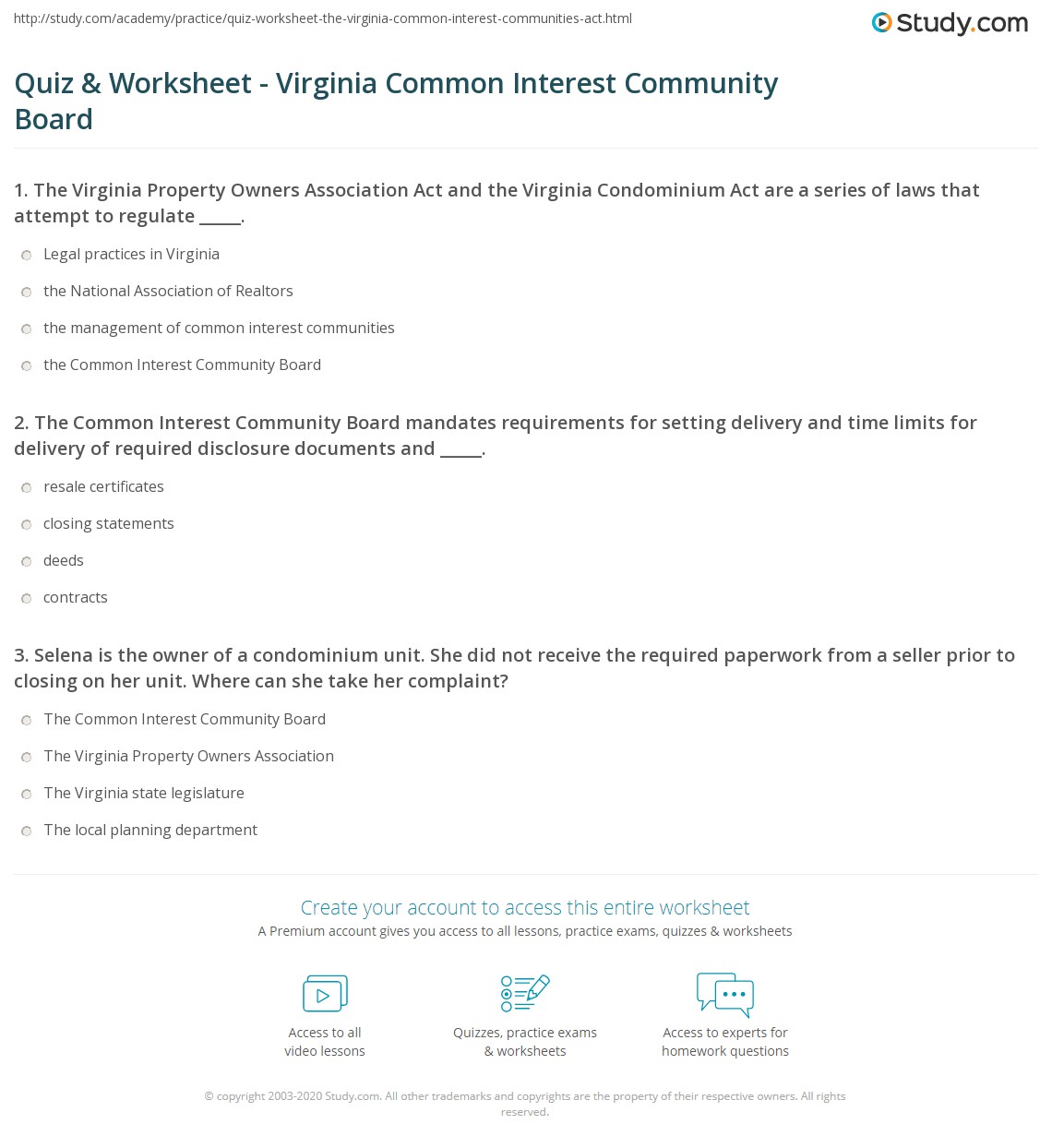 Quiz & Worksheet - Virginia Common Interest Community Board | Study.com
