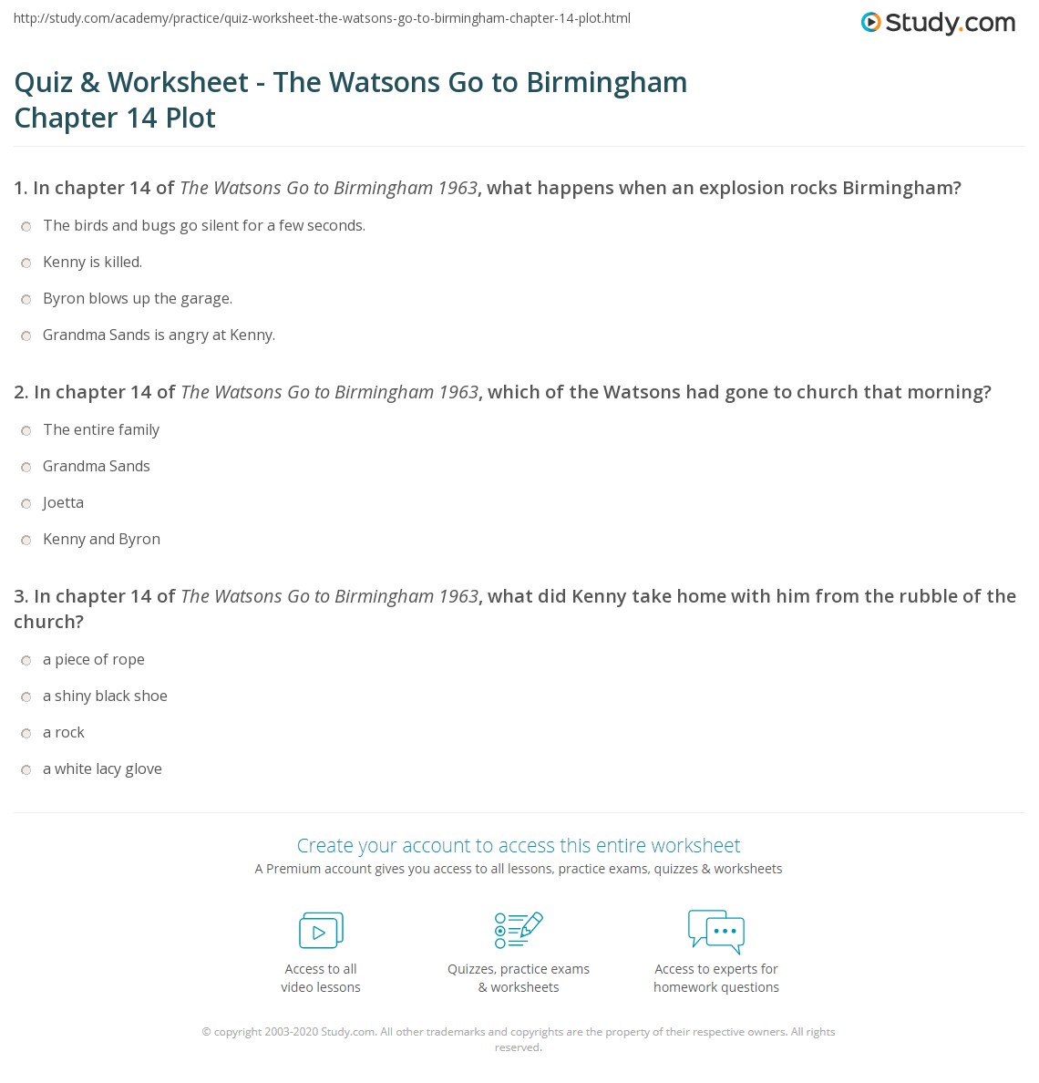 Quiz & Worksheet - The Watsons Go to Birmingham Chapter 14 Plot | Study.com