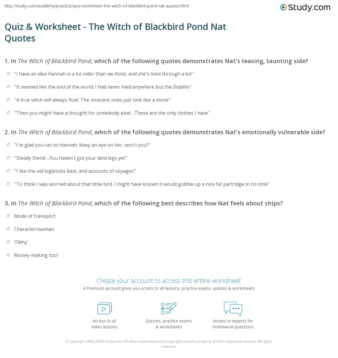 Quiz & Worksheet - The Witch of Blackbird Pond Nat Quotes | Study.com