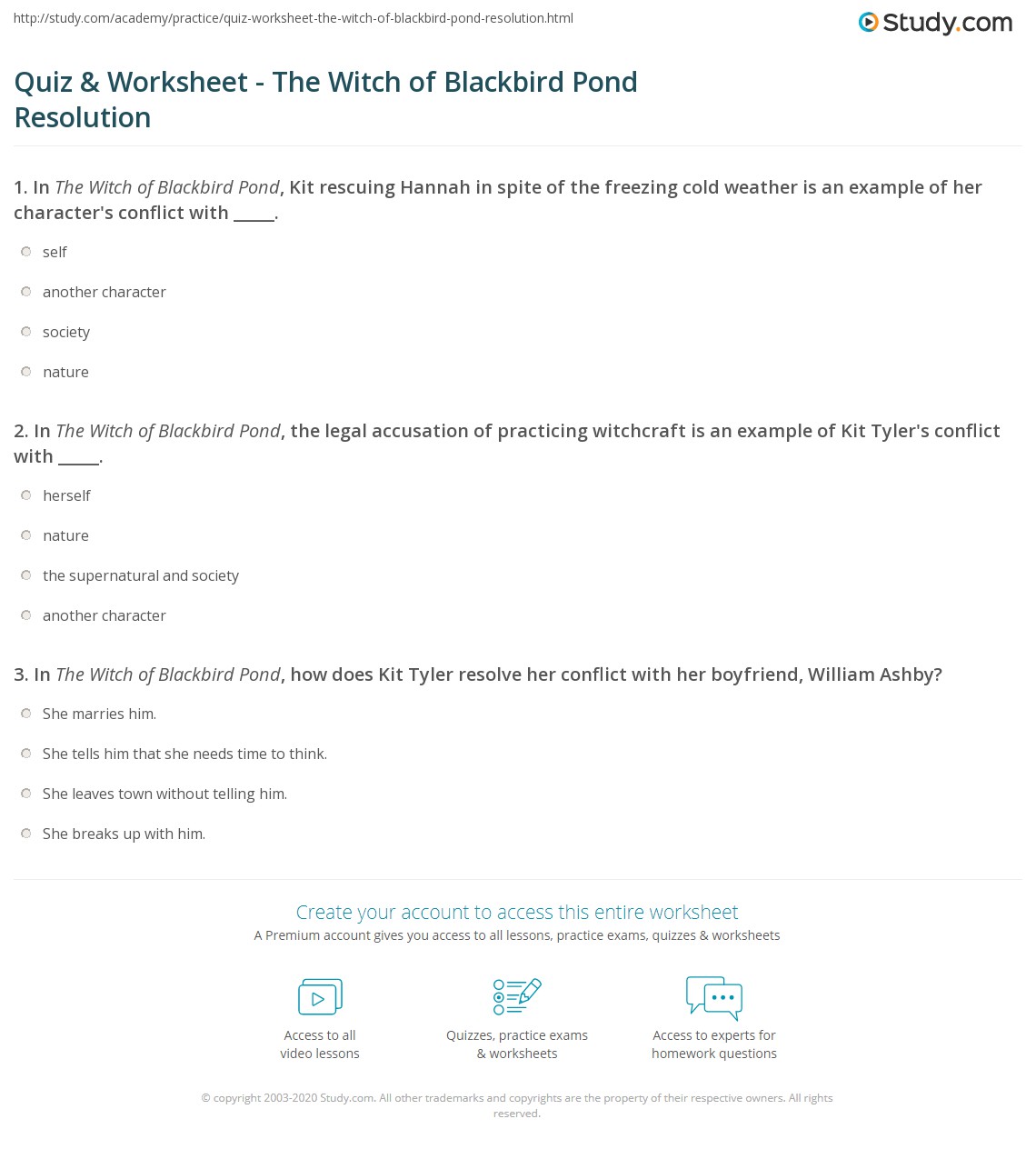 Quiz & Worksheet - The Witch of Blackbird Pond Resolution | Study.com