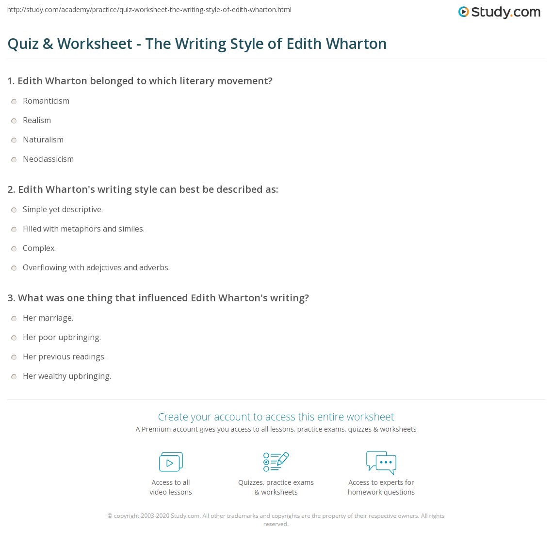 Quiz & Worksheet - The Writing Style of Edith Wharton | Study.com