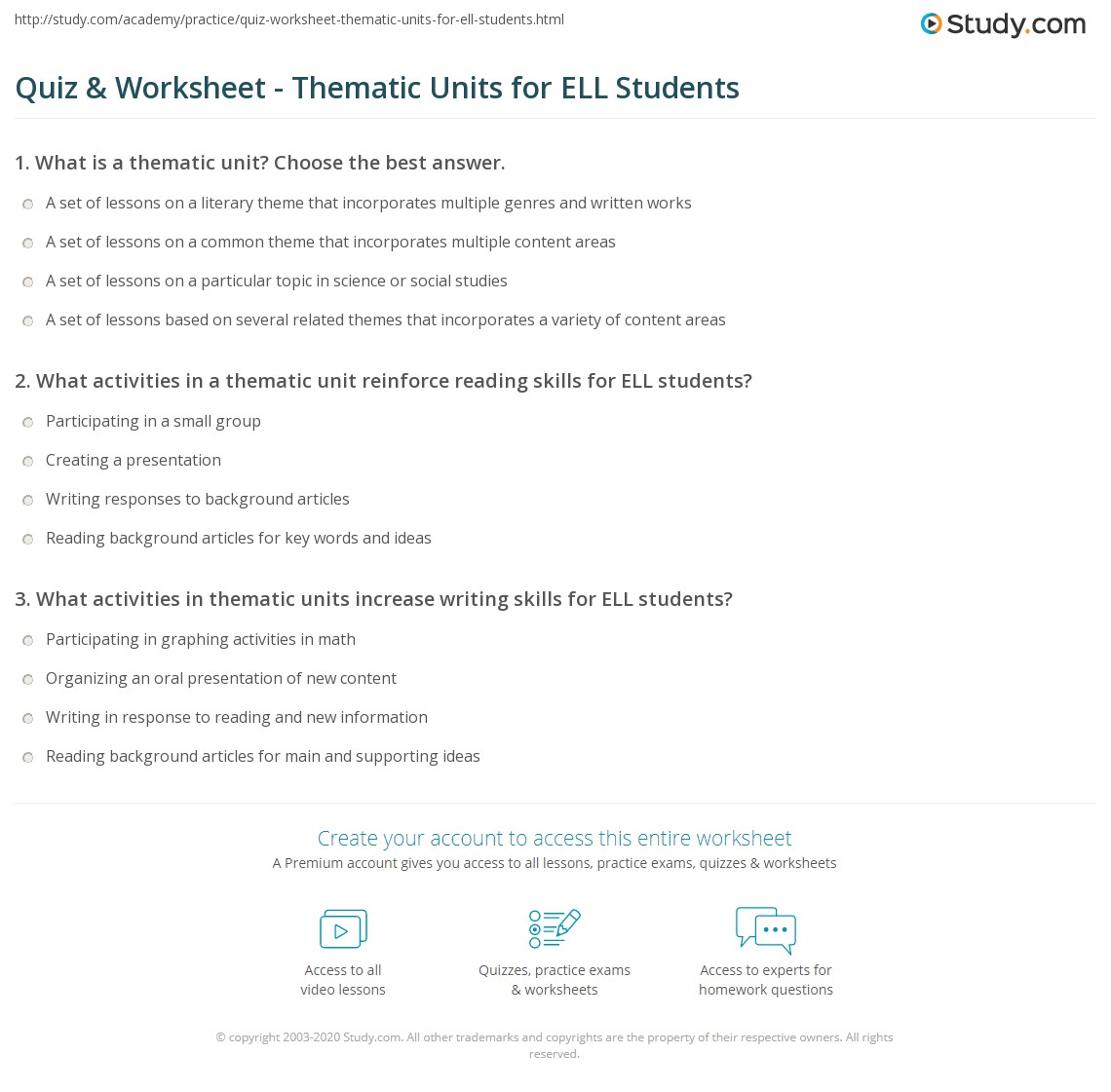 Quiz & Worksheet - Thematic Units for ELL Students | Study.com