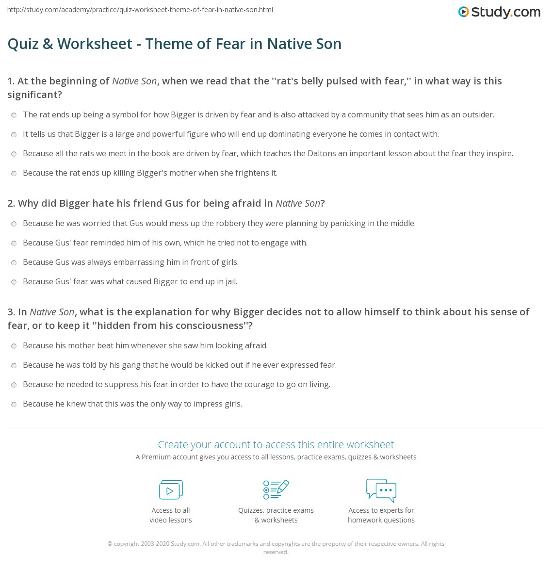 Quiz & Worksheet - Theme of Fear in Native Son | Study.com