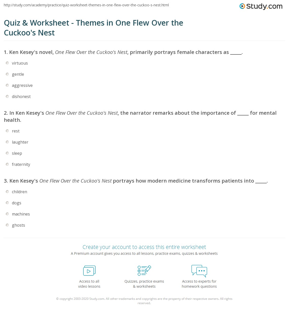 Quiz & Worksheet - Themes in One Flew Over the Cuckoo's Nest | Study.com