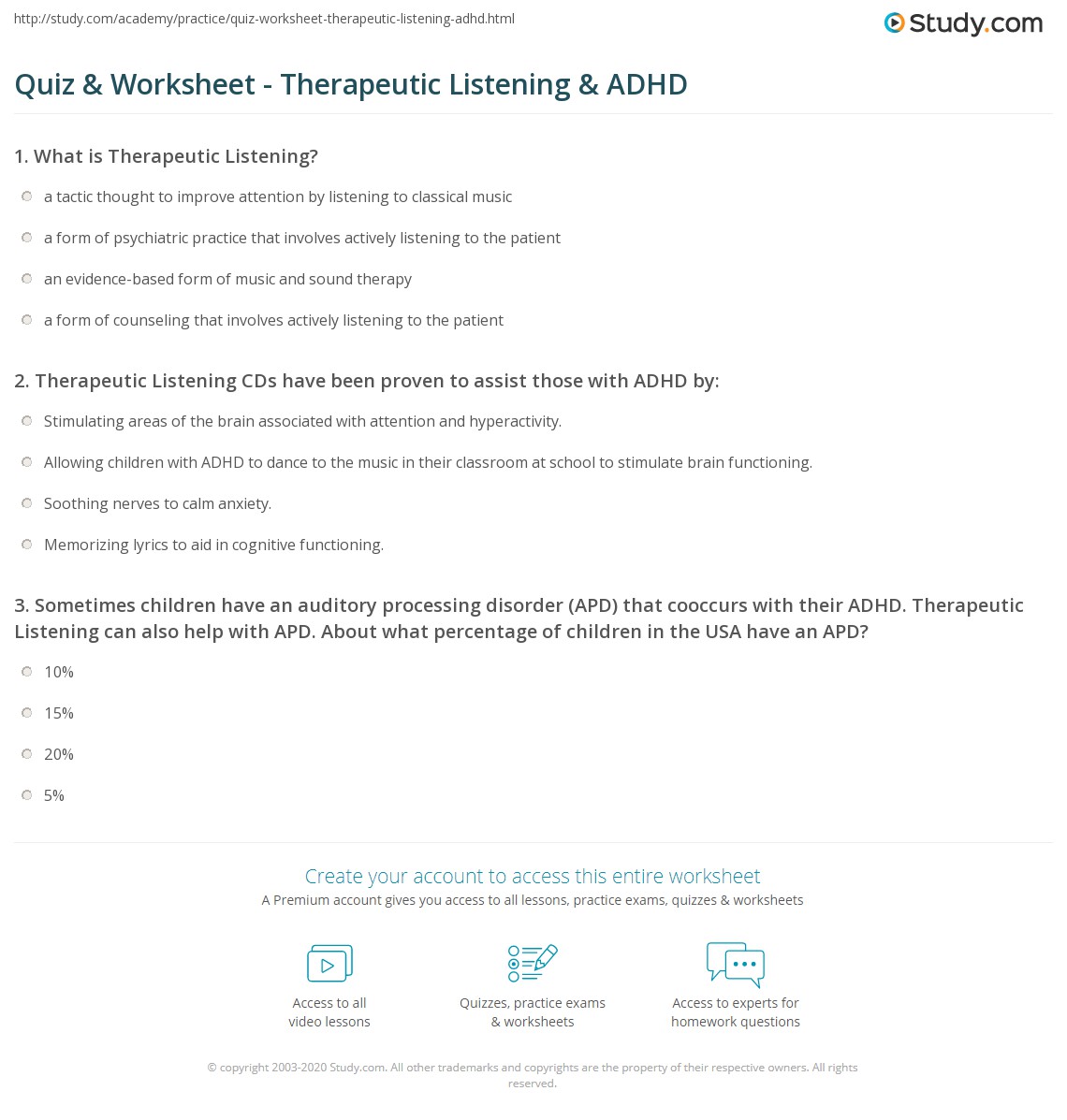 Quiz & Worksheet - Therapeutic Listening & ADHD | Study.com