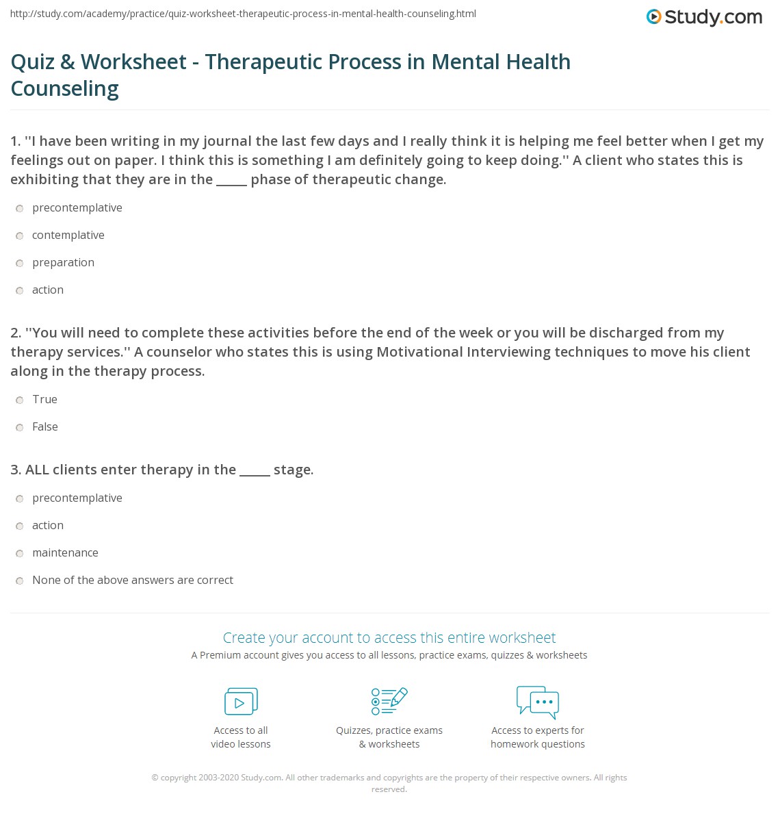 Quiz & Worksheet - Therapeutic Process in Mental Health Counseling ...