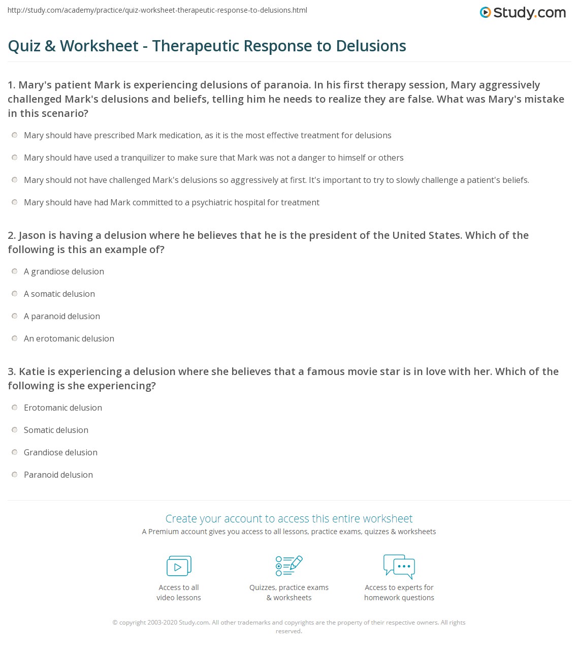 Quiz & Worksheet - Therapeutic Response to Delusions | Study.com