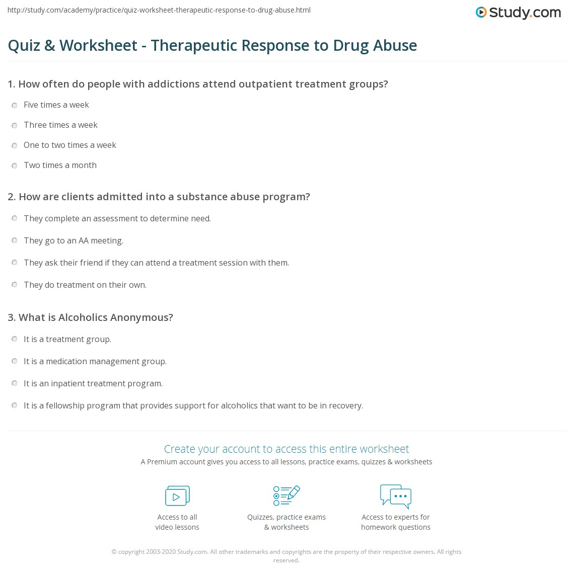 Quiz & Worksheet - Therapeutic Response to Drug Abuse | Study.com
