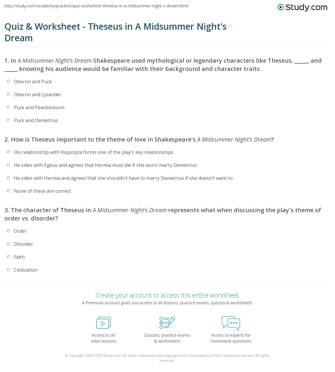 Quiz & Worksheet - Theseus in A Midsummer Night's Dream | Study.com