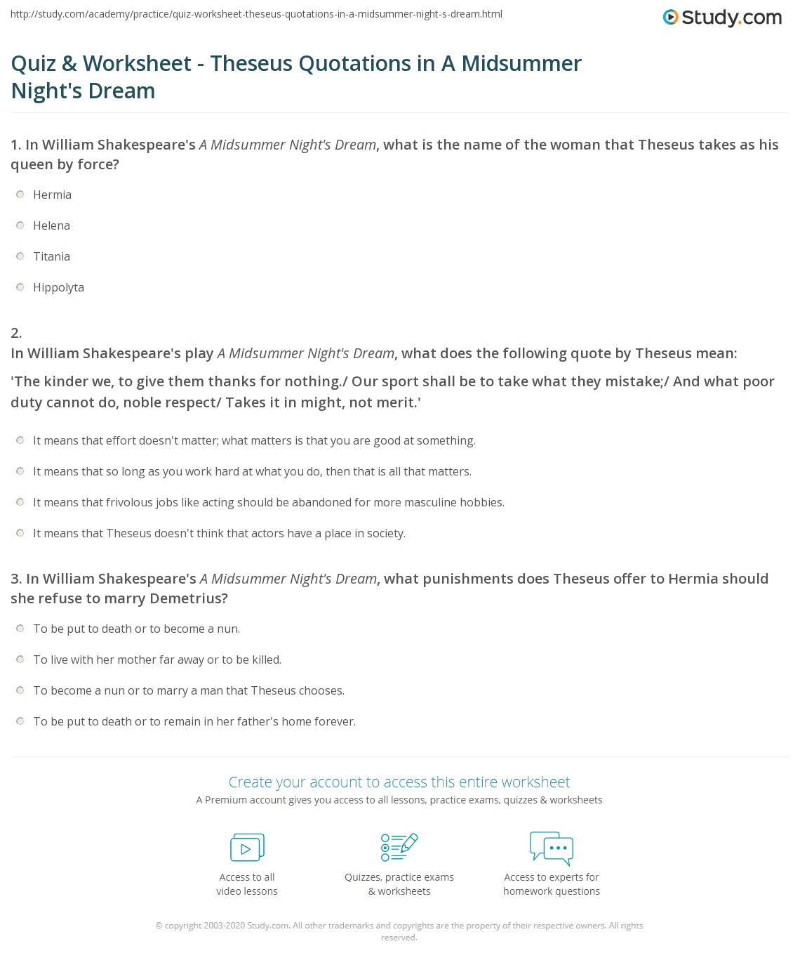 Quiz & Worksheet - Theseus Quotations in A Midsummer Night's Dream ...