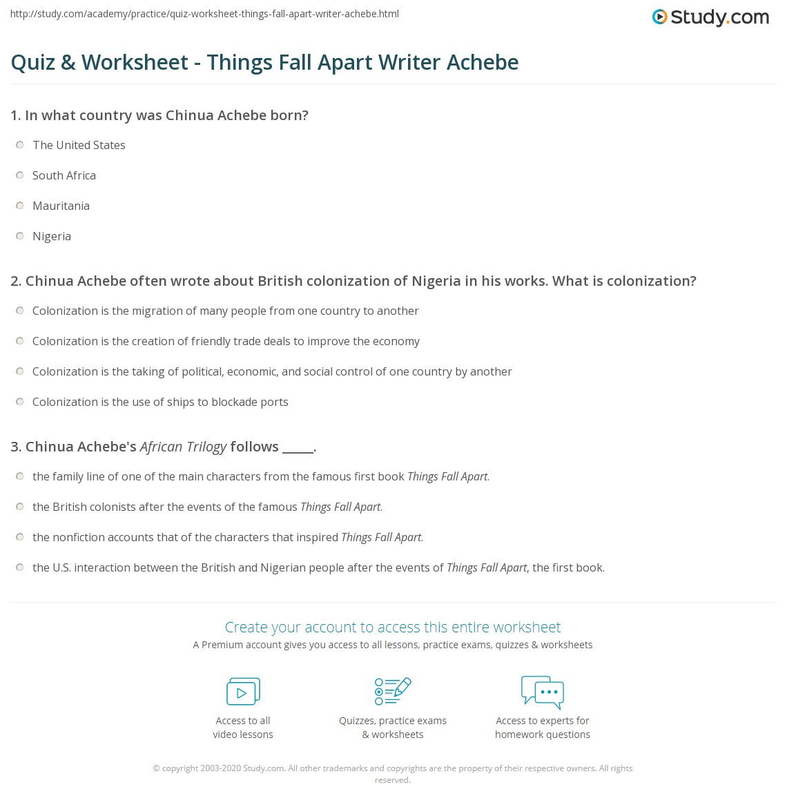 Quiz & Worksheet - Things Fall Apart Writer Achebe | Study.com