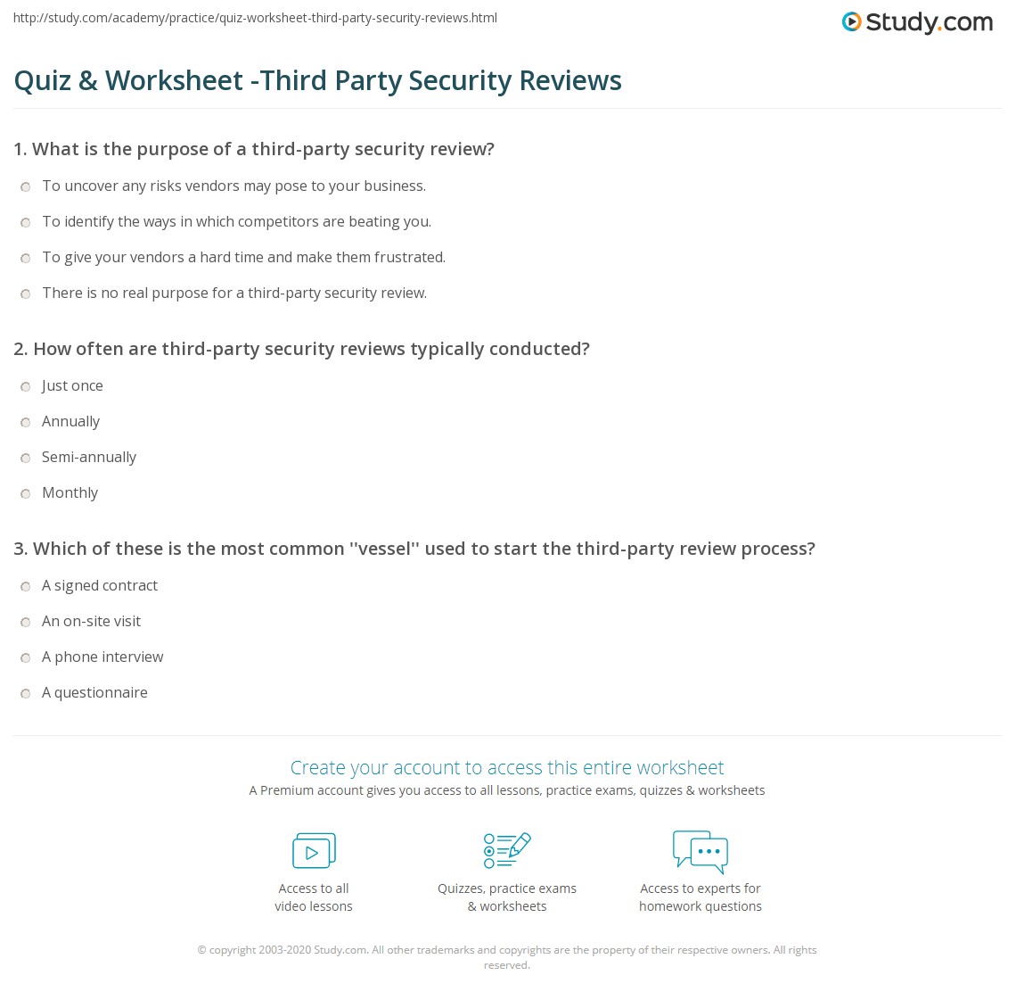 Quiz & Worksheet -Third Party Security Reviews | Study.com