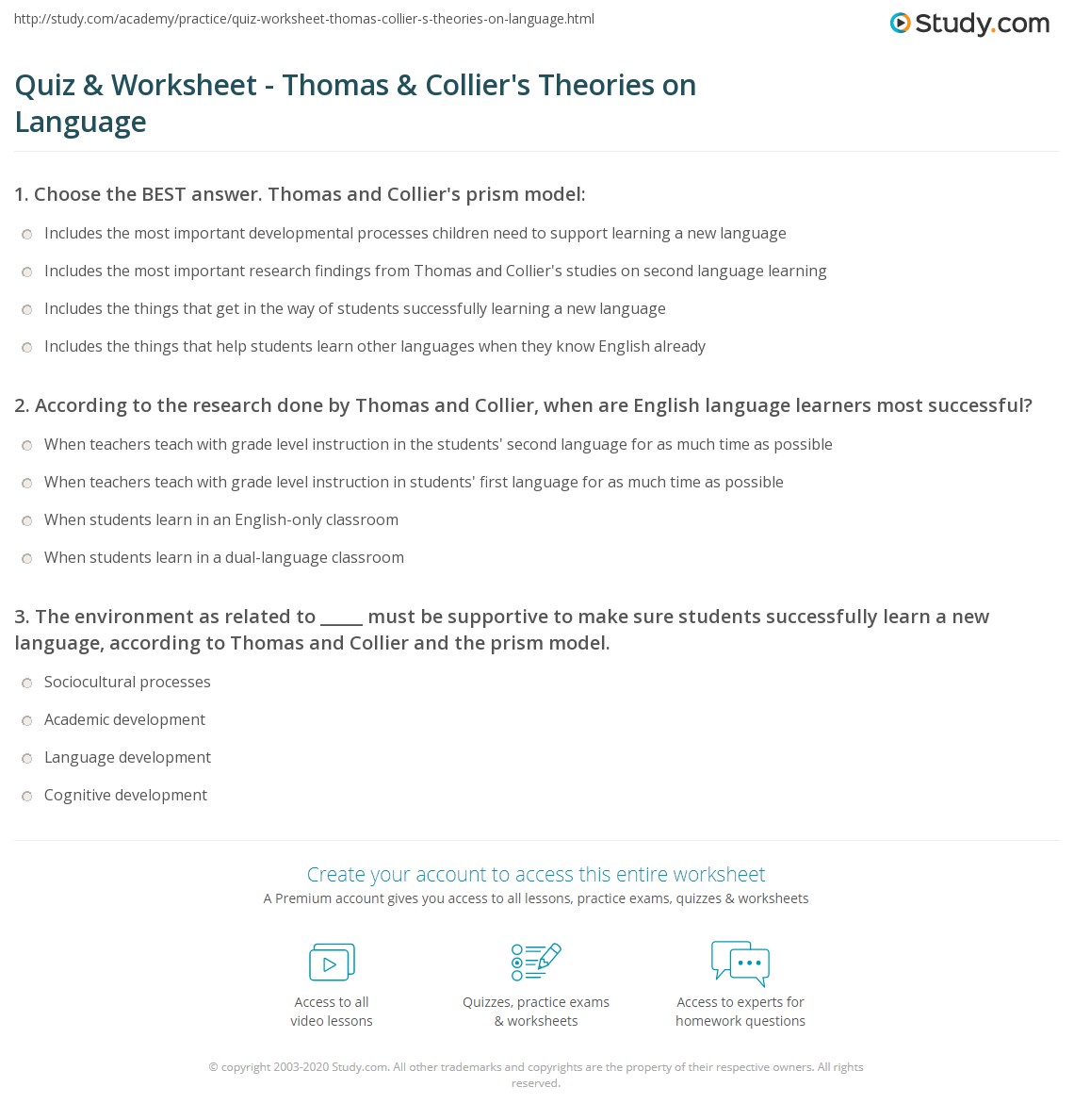 Quiz & Worksheet - Thomas & Collier's Theories on Language | Study.com