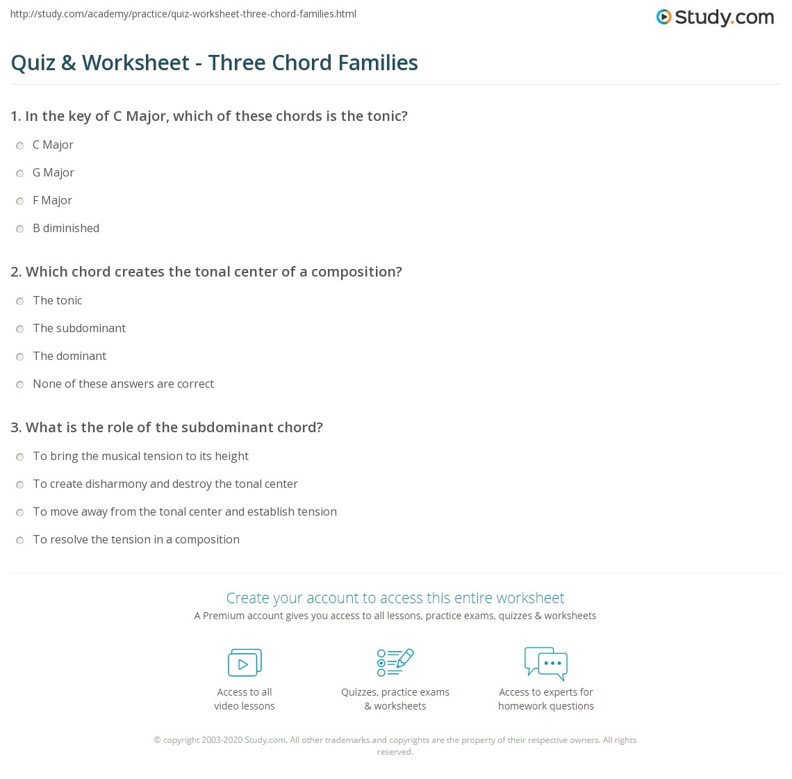 Quiz & Worksheet - Three Chord Families | Study.com