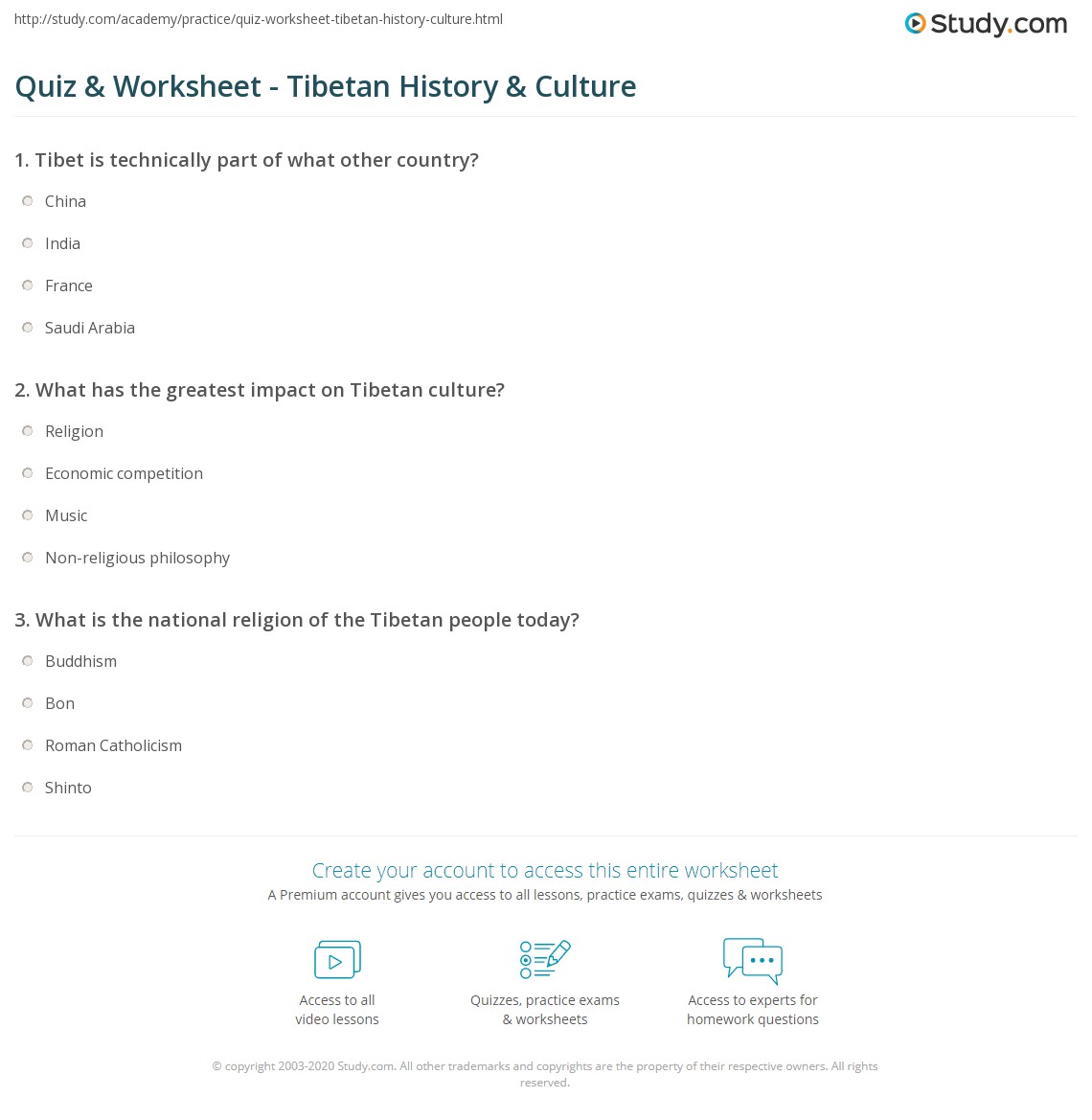 Quiz & Worksheet - Tibetan History & Culture | Study.com