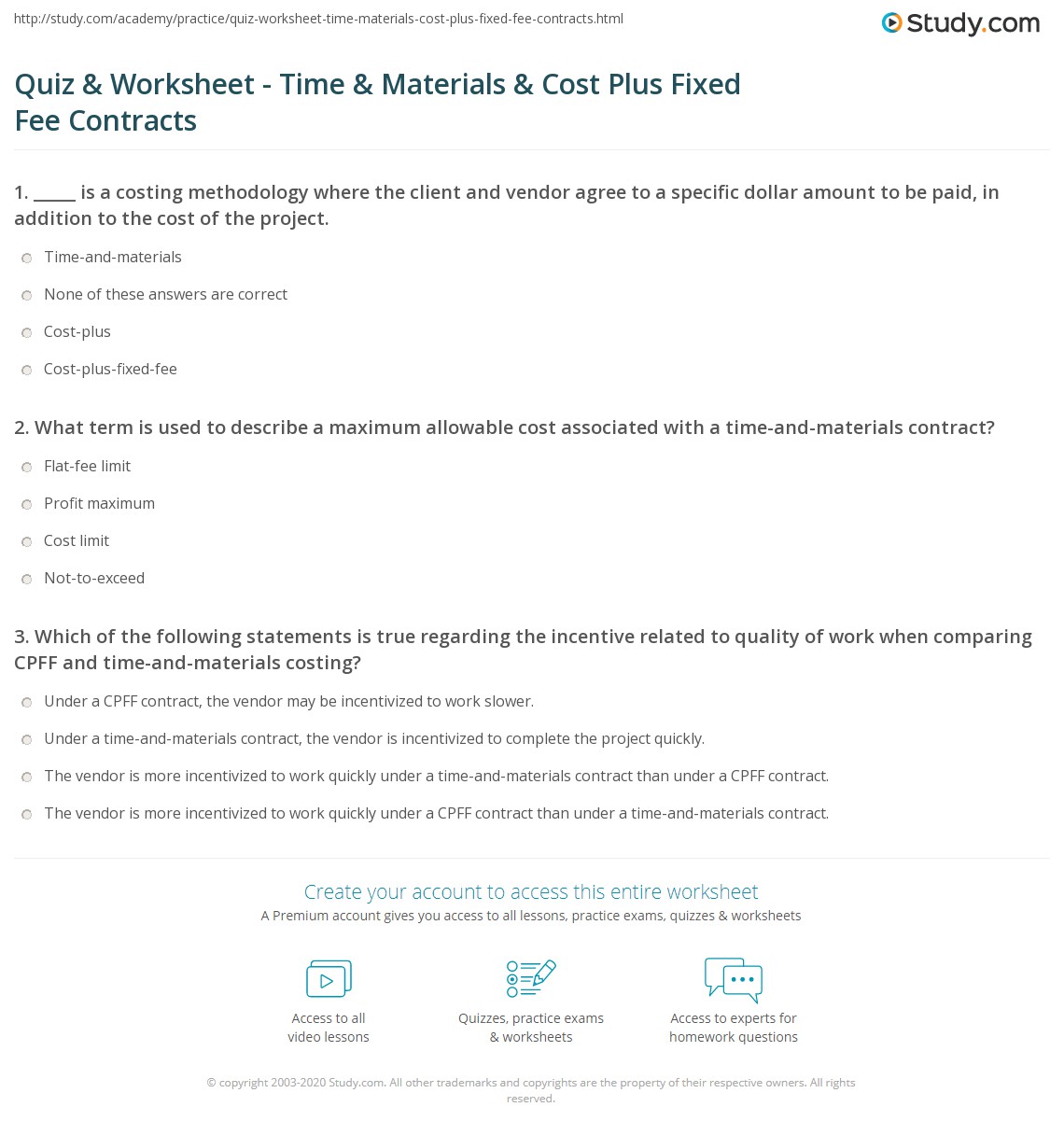 Quiz & Worksheet - Time & Materials & Cost Plus Fixed Fee Contracts ...