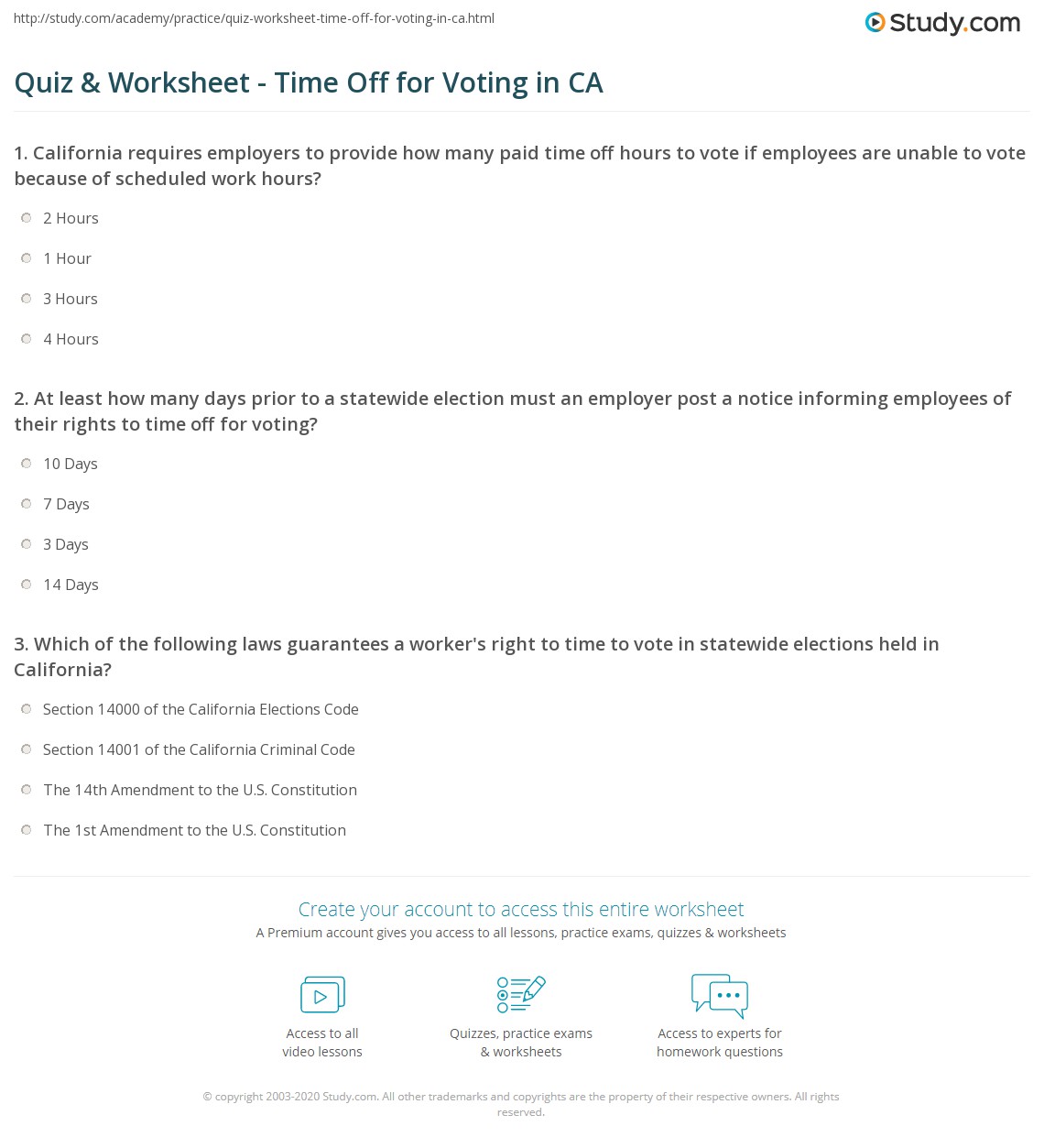 Quiz & Worksheet - Time Off for Voting in CA | Study.com