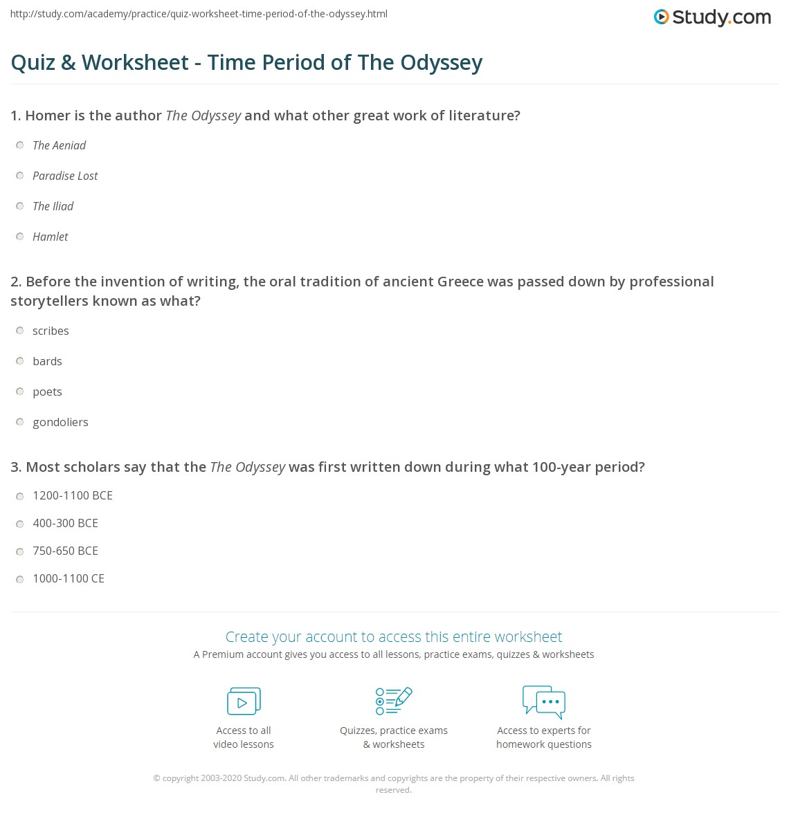 Quiz & Worksheet - Time Period of The Odyssey | Study.com