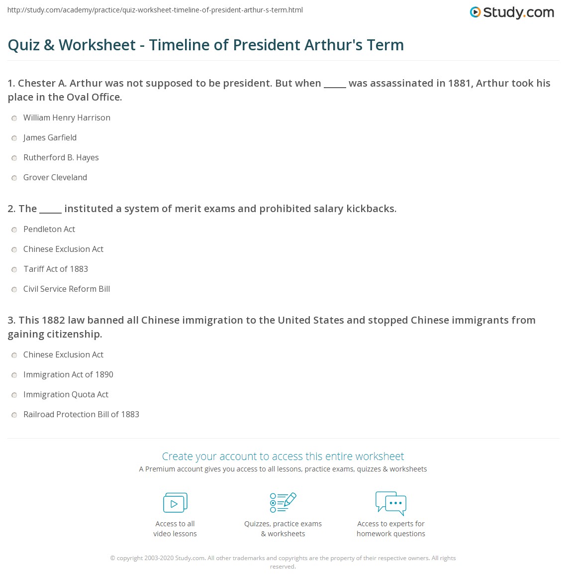 Quiz & Worksheet - Timeline of President Arthur's Term | Study.com