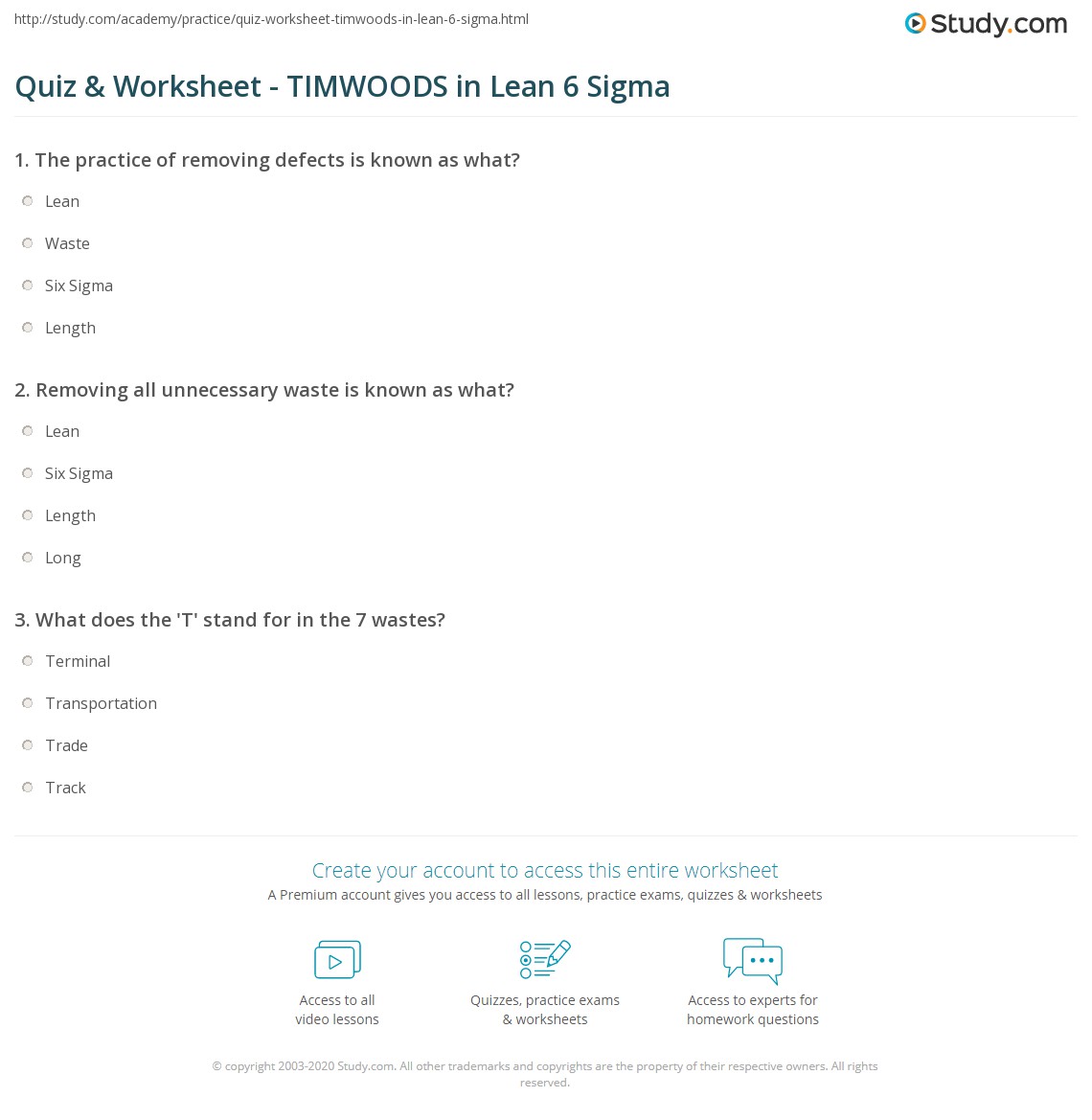 Quiz & Worksheet - TIMWOODS in Lean 6 Sigma | Study.com