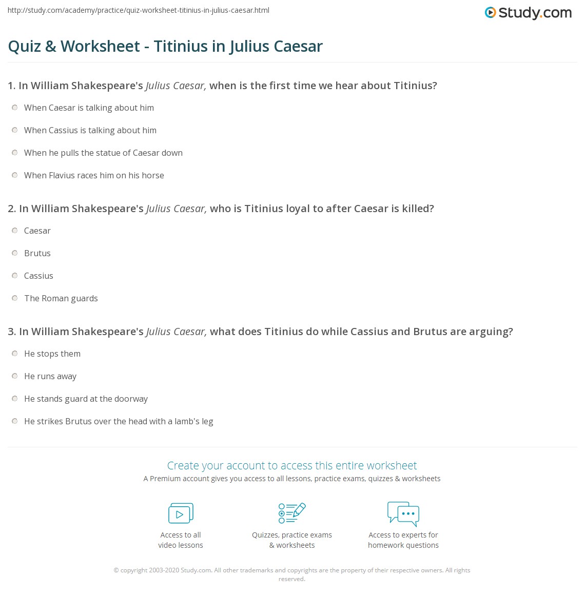 Quiz & Worksheet - Titinius in Julius Caesar | Study.com