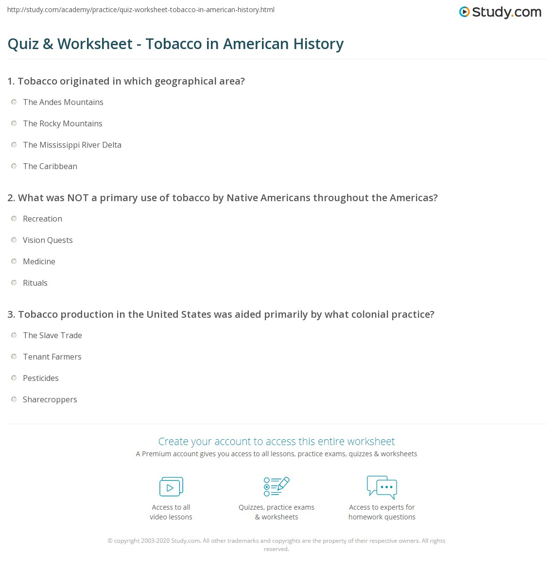Quiz & Worksheet - Tobacco in American History | Study.com