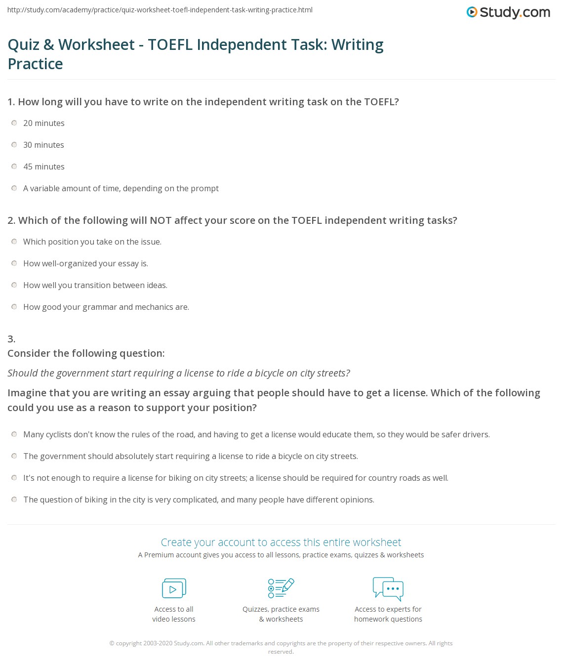 Quiz Worksheet TOEFL Independent Task Writing Practice Study Quiz Worksheet TOEFL Independent Task Writing Practice Study